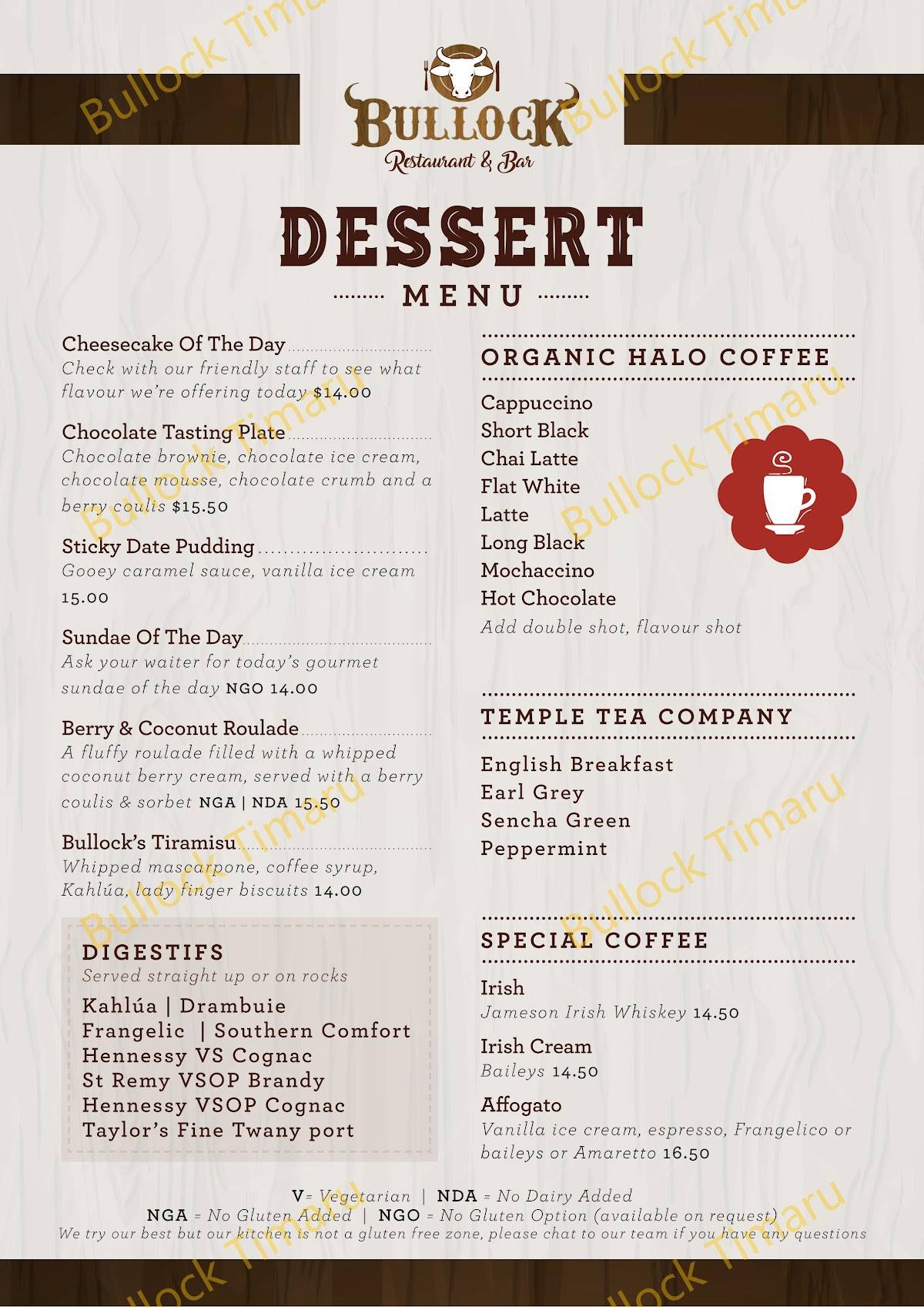 Menu at Bullock Restaurant & Bar, Timaru