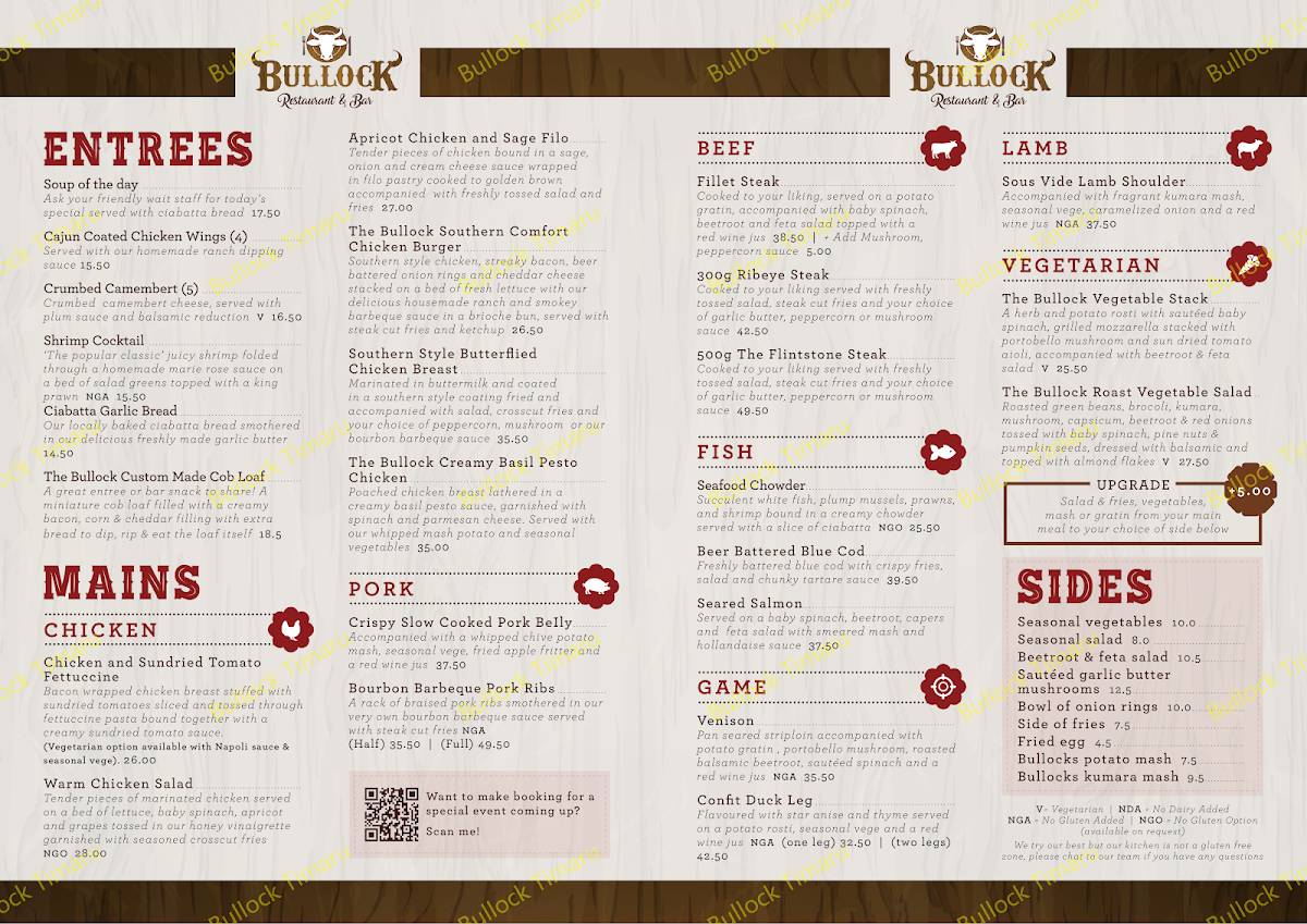 Menu at Bullock Restaurant & Bar, Timaru