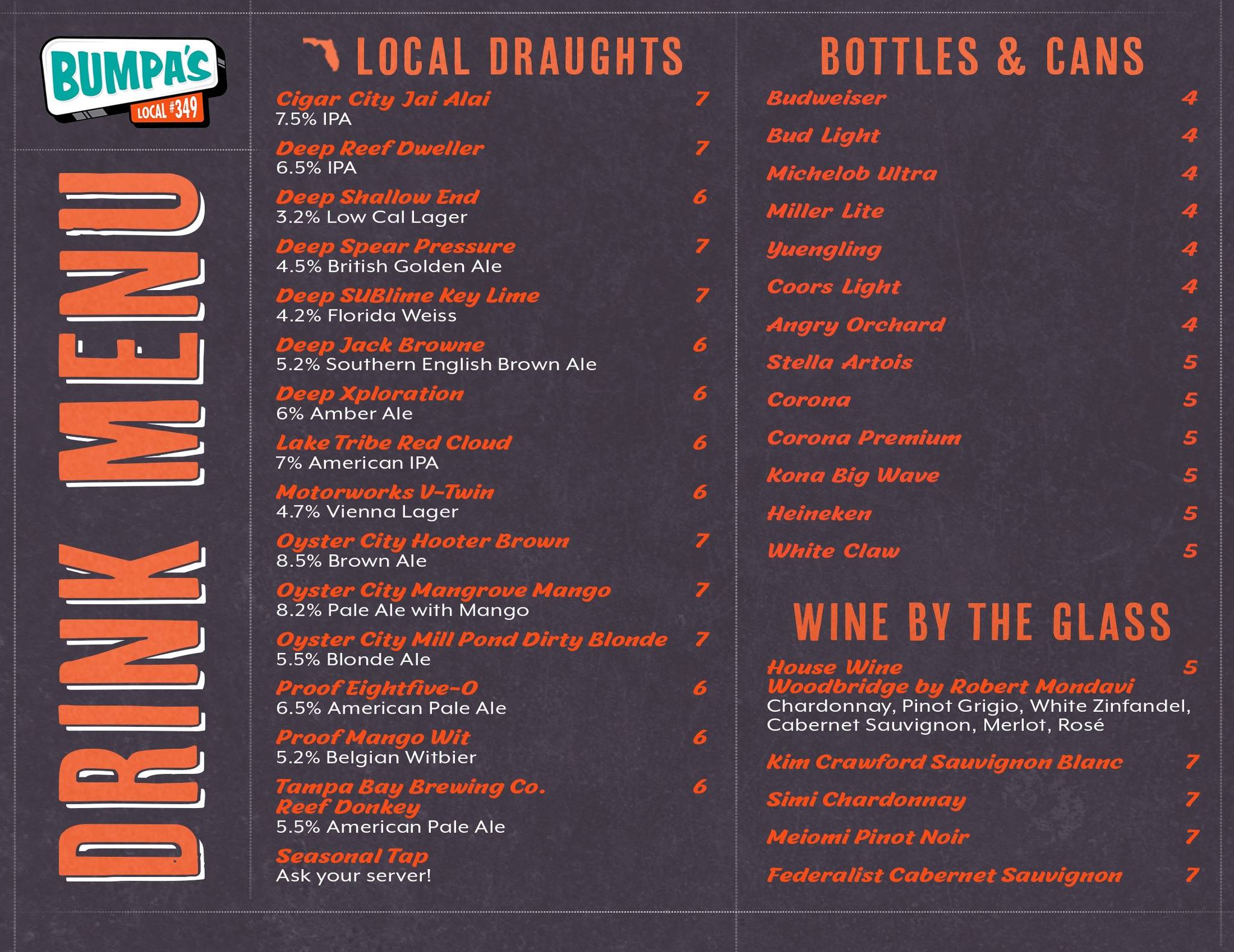 Menu at Bumpa's Local 349 pub & bar, Tallahassee