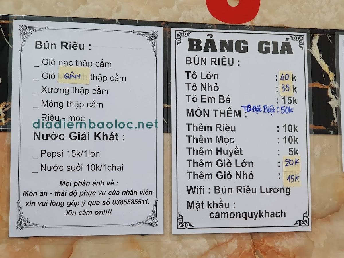 Menu at Bún Riêu LƯƠNG - CN Trần Phú, Bao Loc