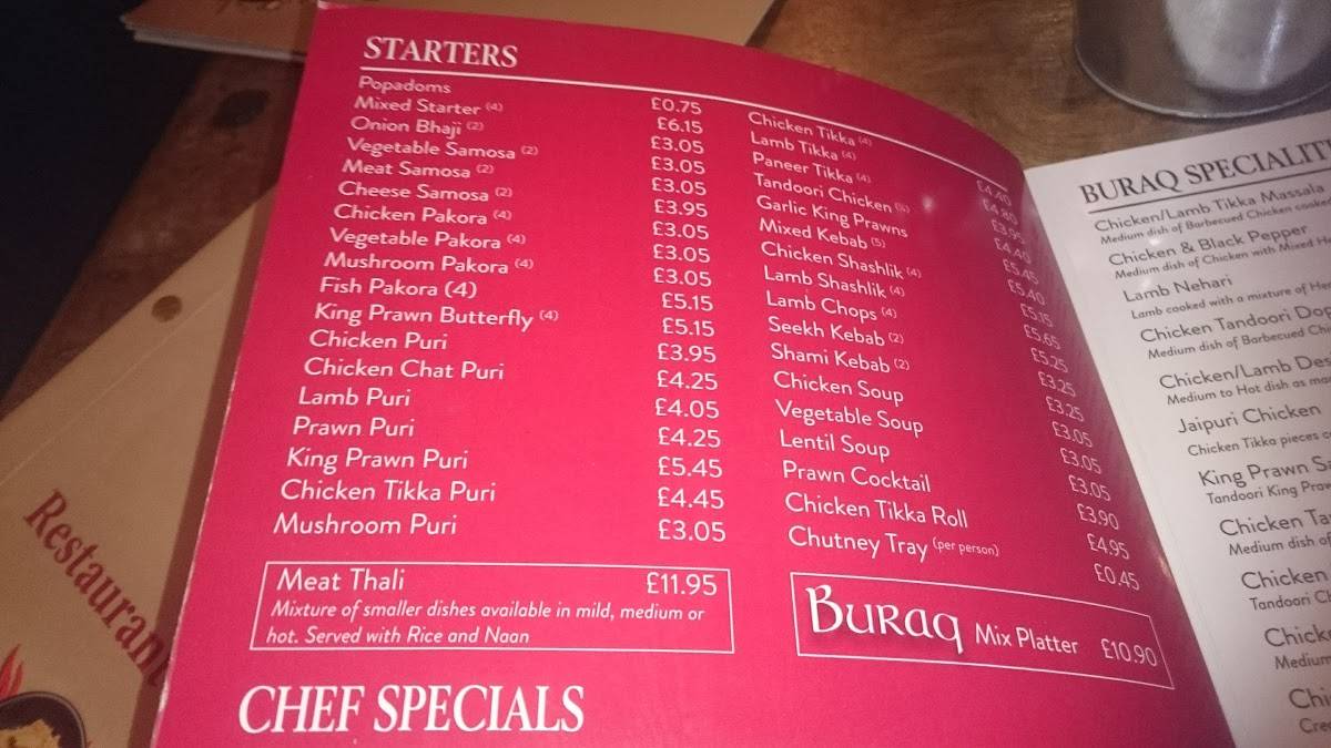 Menu at Buraq Indian Restaurant, Freckleton