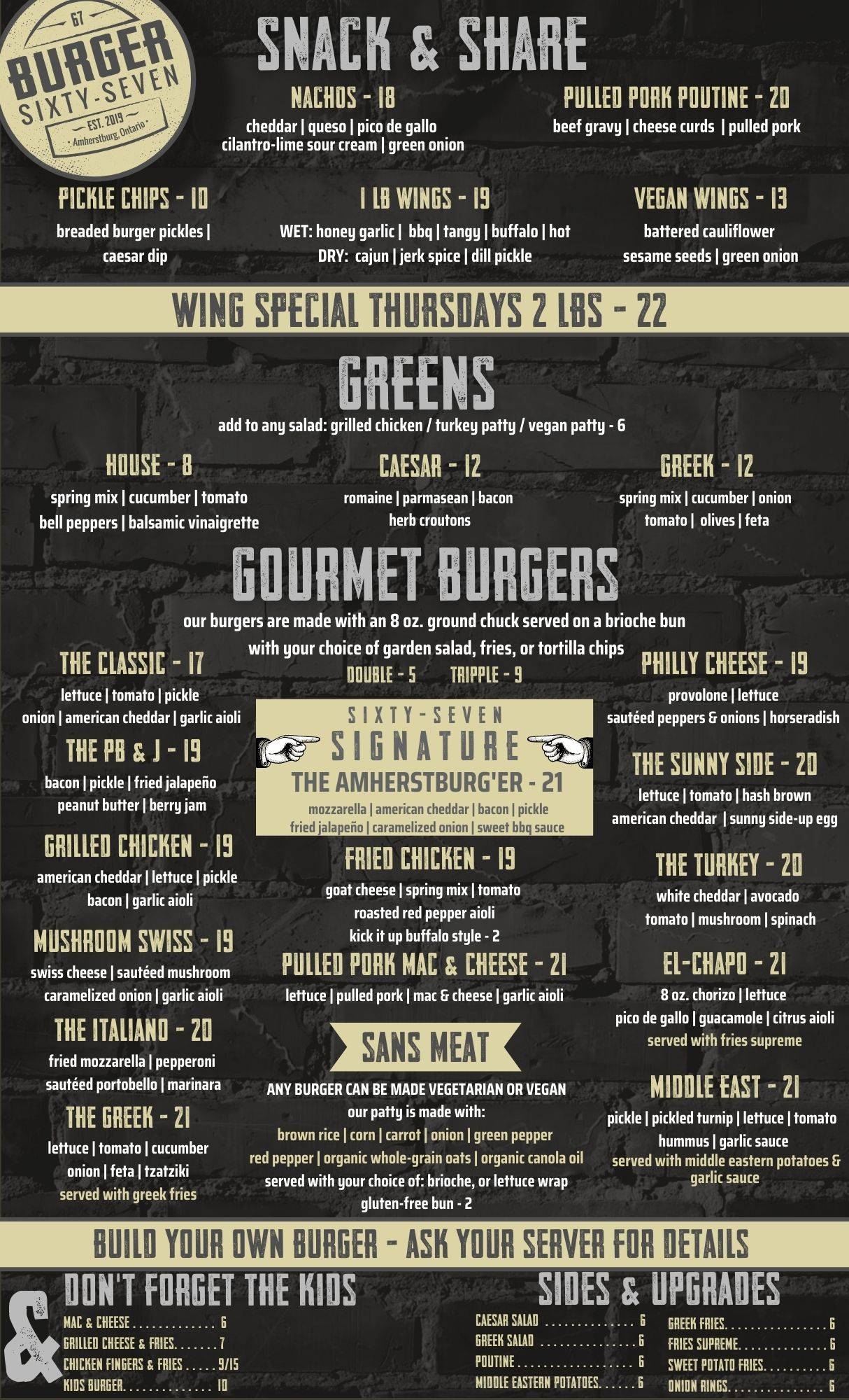 Menu at Burger Sixty Seven restaurant, Amherstburg