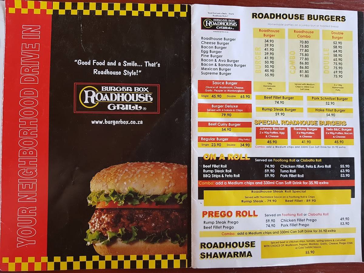 Menu at Burger Box Roadhouse restaurant, Benoni