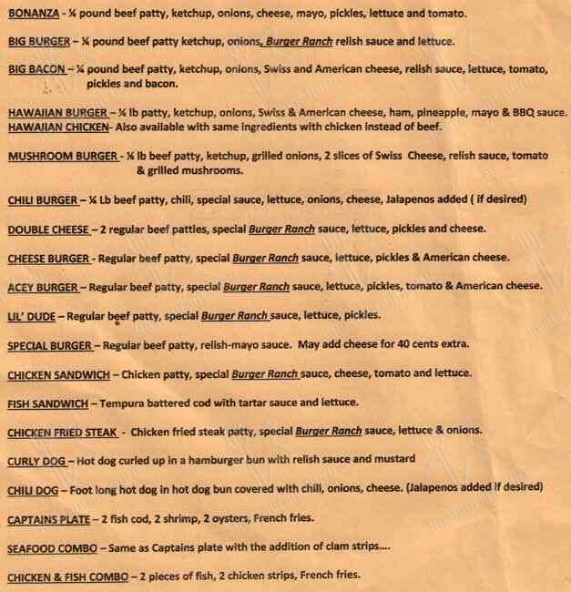 Menu at Burger Ranch fast food, Tacoma, 820 S 38th St