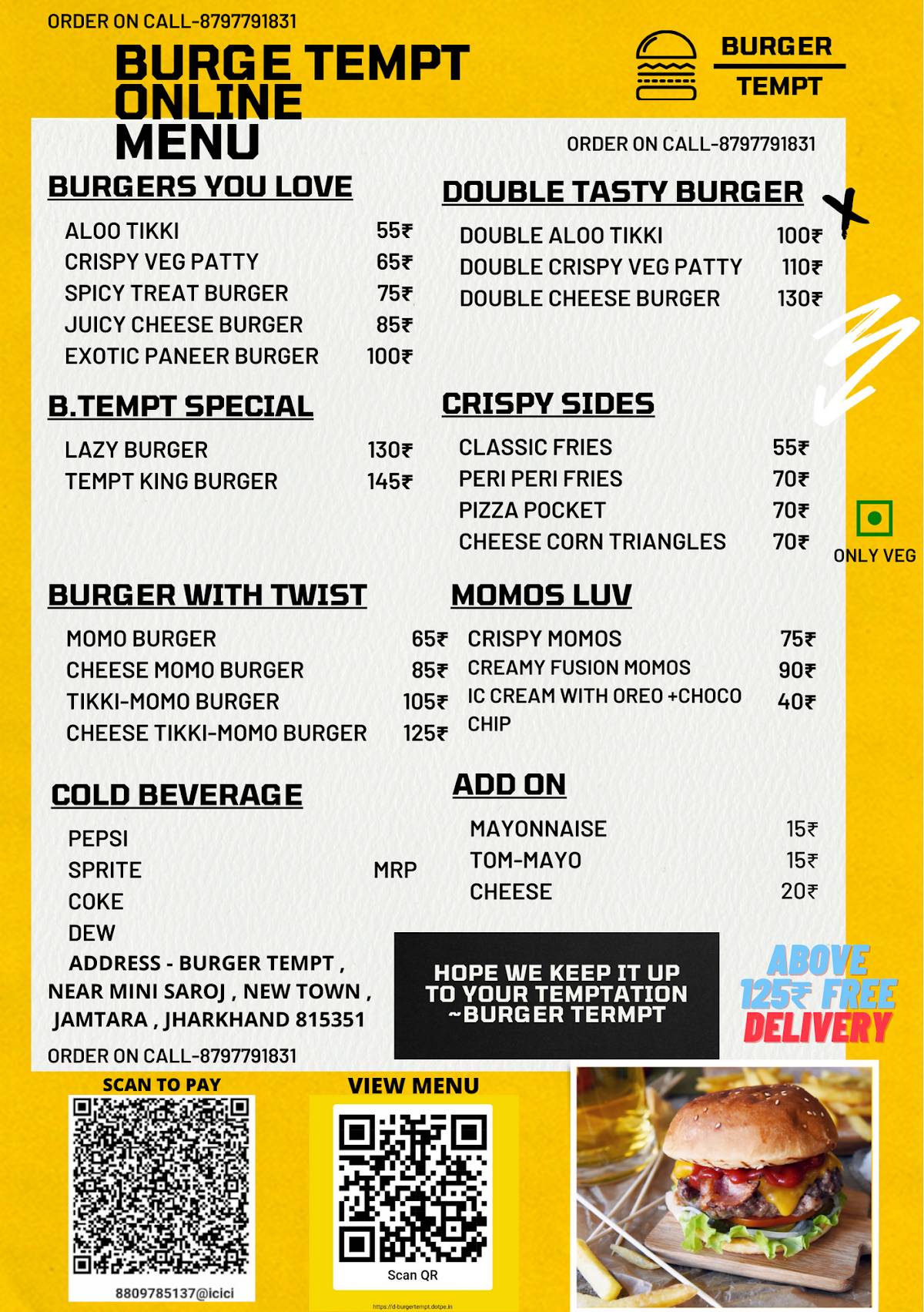 Menu at Burger Tempt (Pizza/Dine in/take away/Delivery ), Jamtara