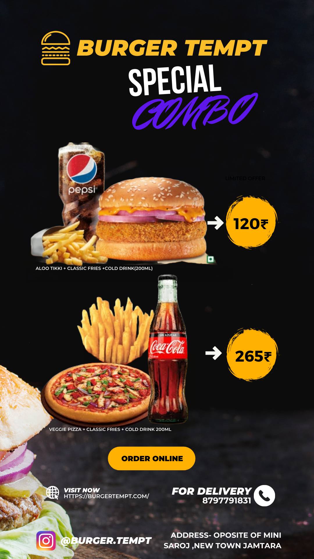 Menu at Burger Tempt (Pizza/Dine in/take away/Delivery ), Jamtara