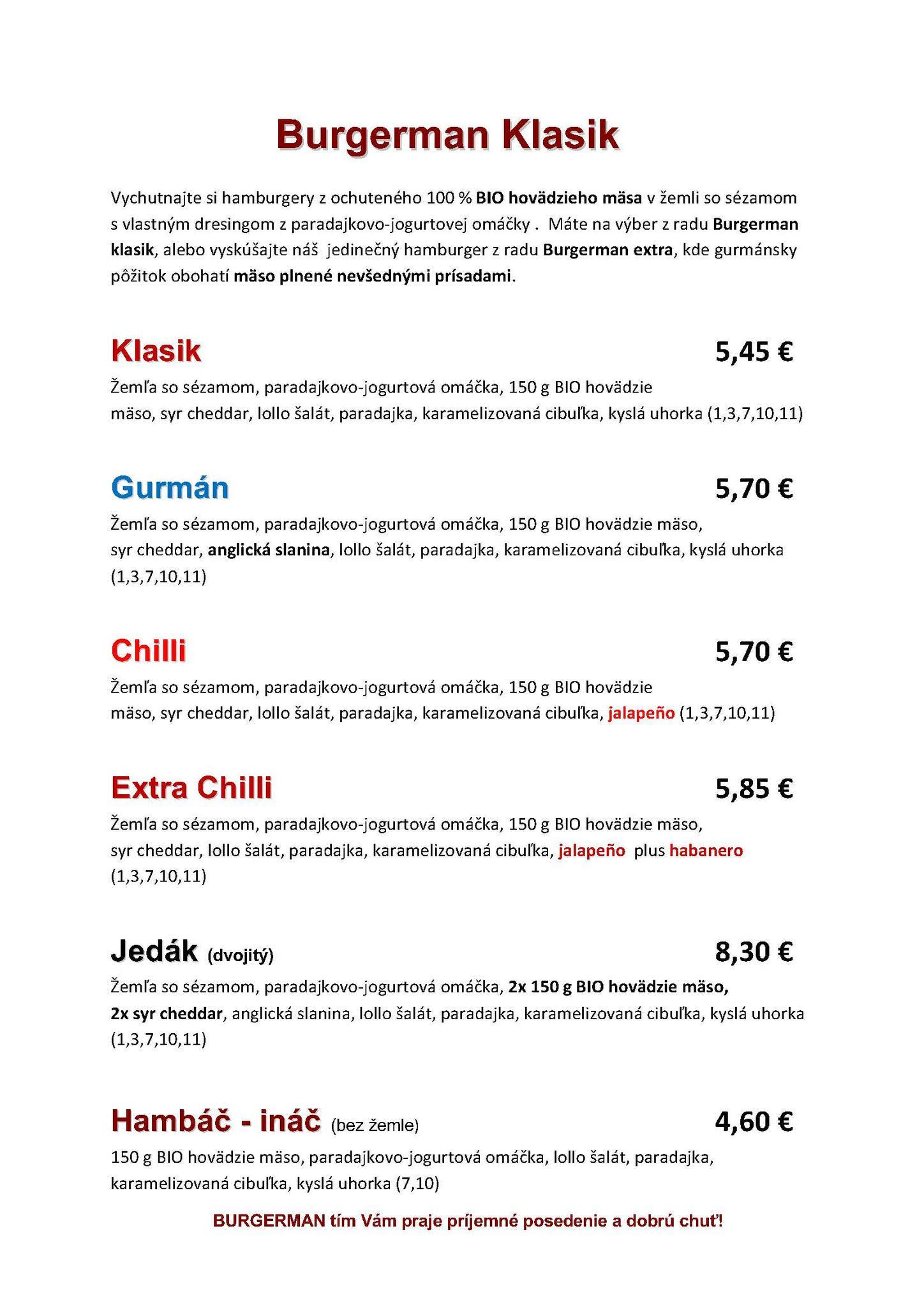 Menu at Burgerman restaurant, Senec