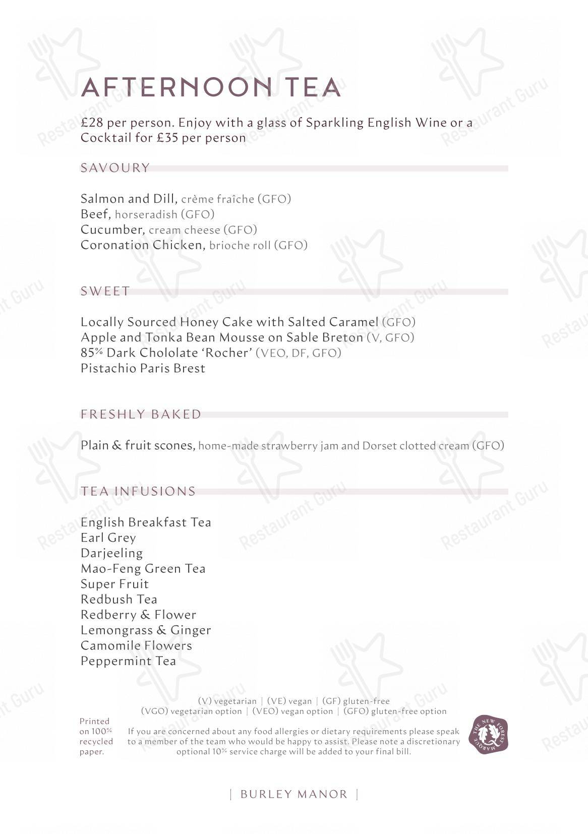 Menu at Burley Manor restaurant, Ringwood, 1 Ringwood Rd