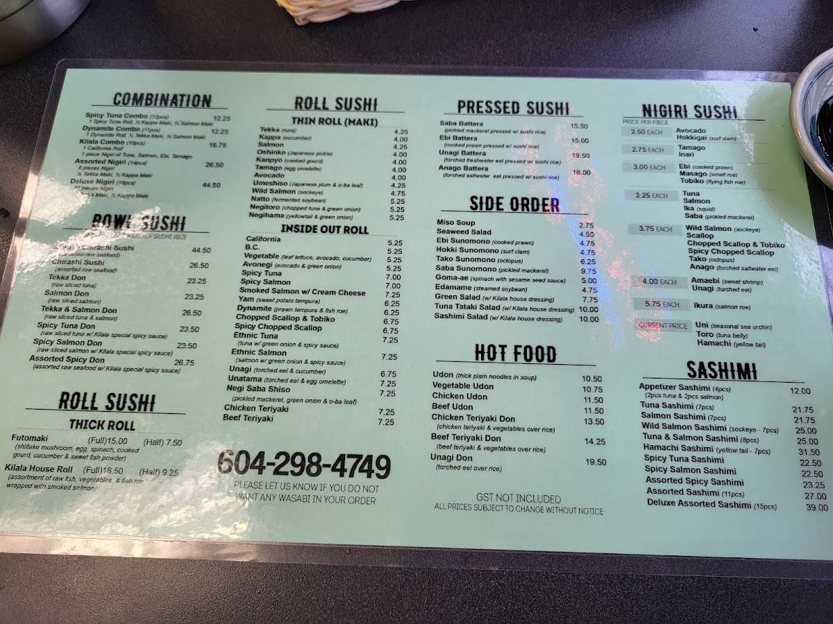 Menu at Sushi Bar Kilala, Burnaby