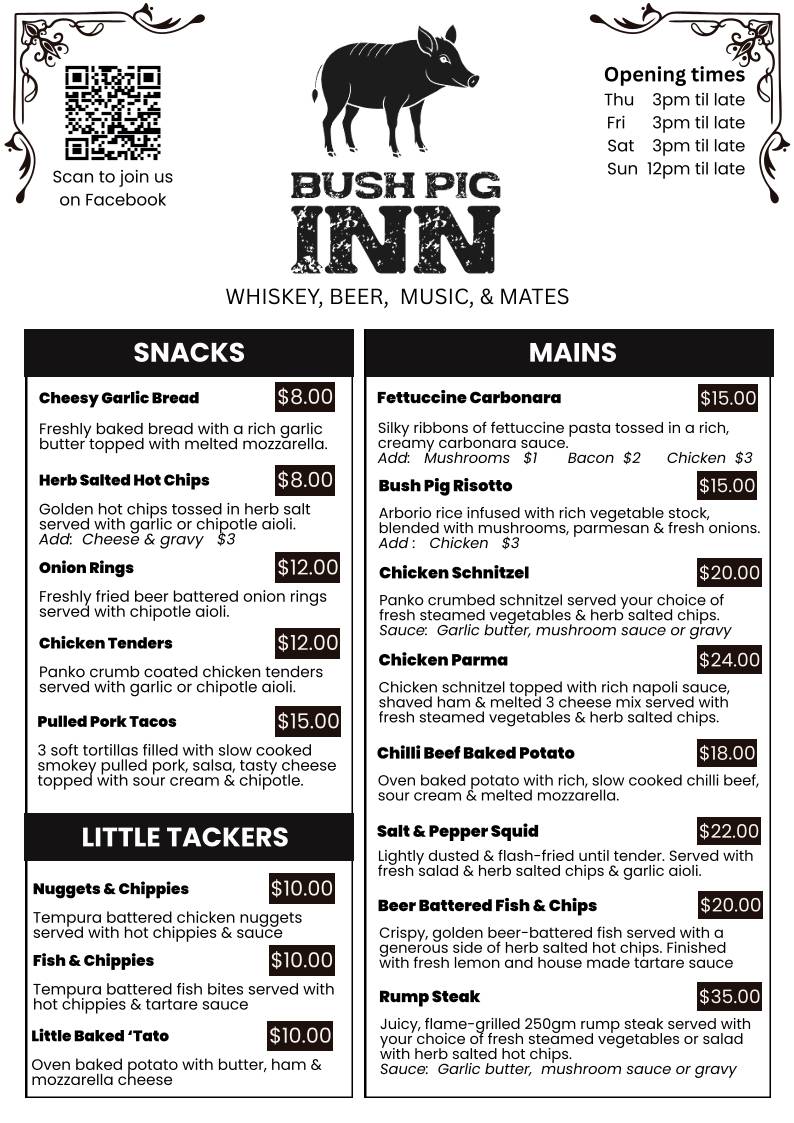 Menu at Bush Pig Inn restaurant, Jackass Flat