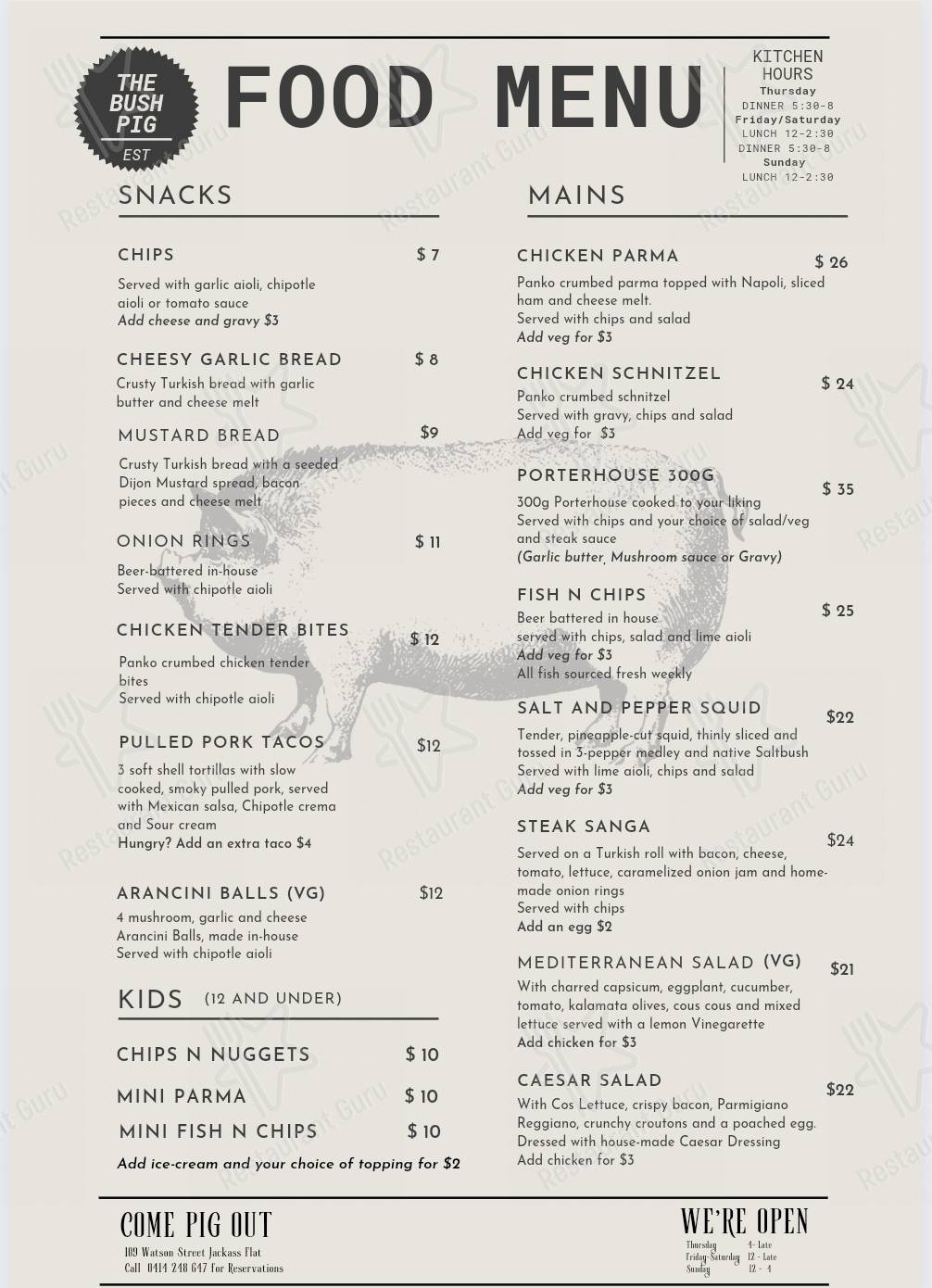 Menu at Bush Pig Inn restaurant, Jackass Flat