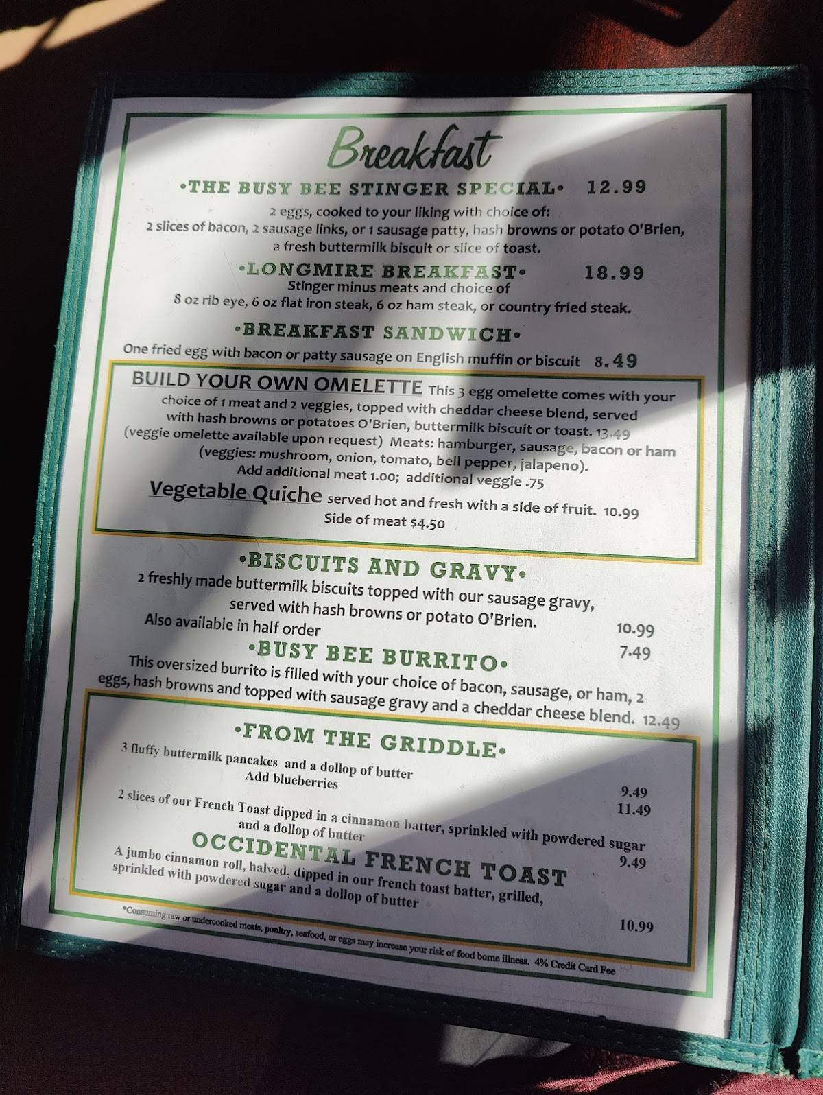 Menu at Busy Bee Cafe, Buffalo