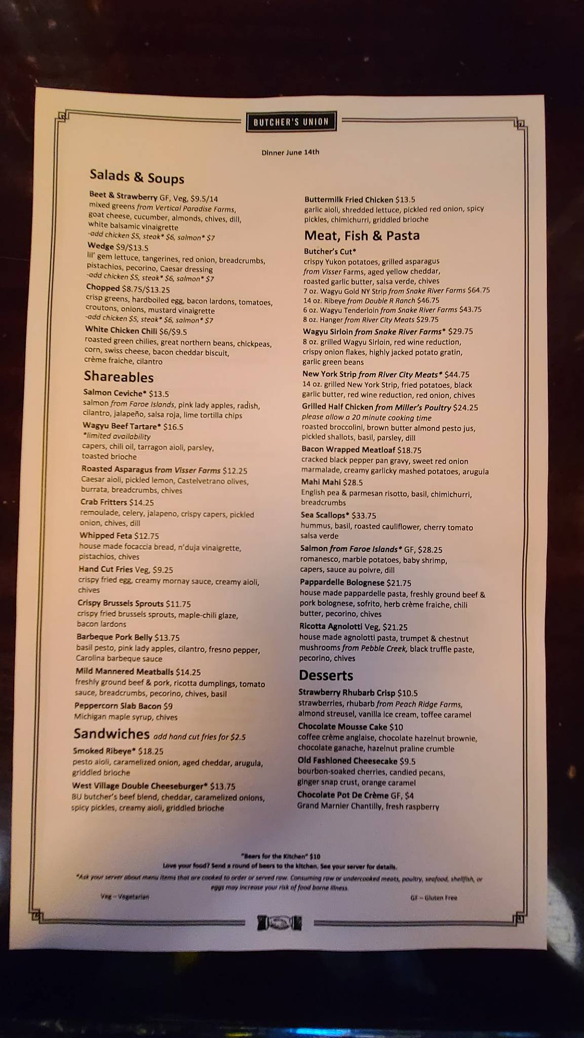 Menu at Butcher's Union pub & bar, Grand Rapids, 438 Bridge St NW