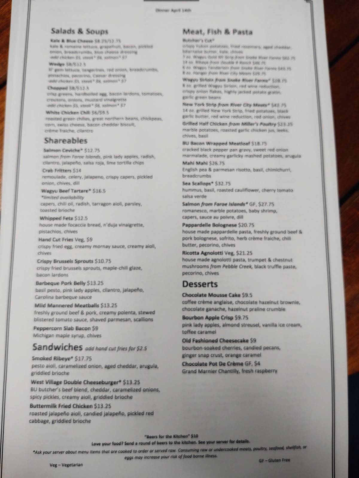 Menu at Butcher's Union pub & bar, Grand Rapids, 438 Bridge St NW