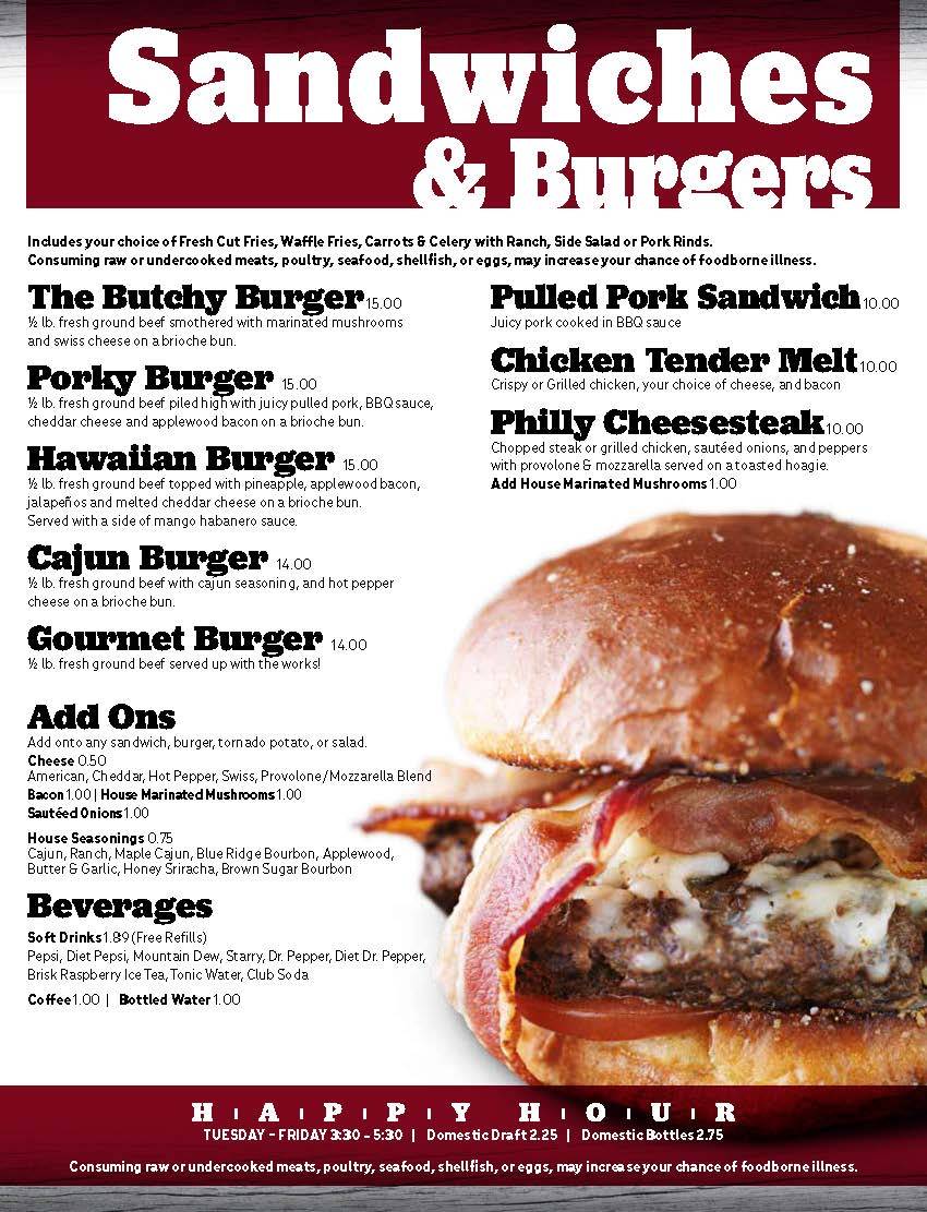 Menu at Butch's Pub, Blooming Valley