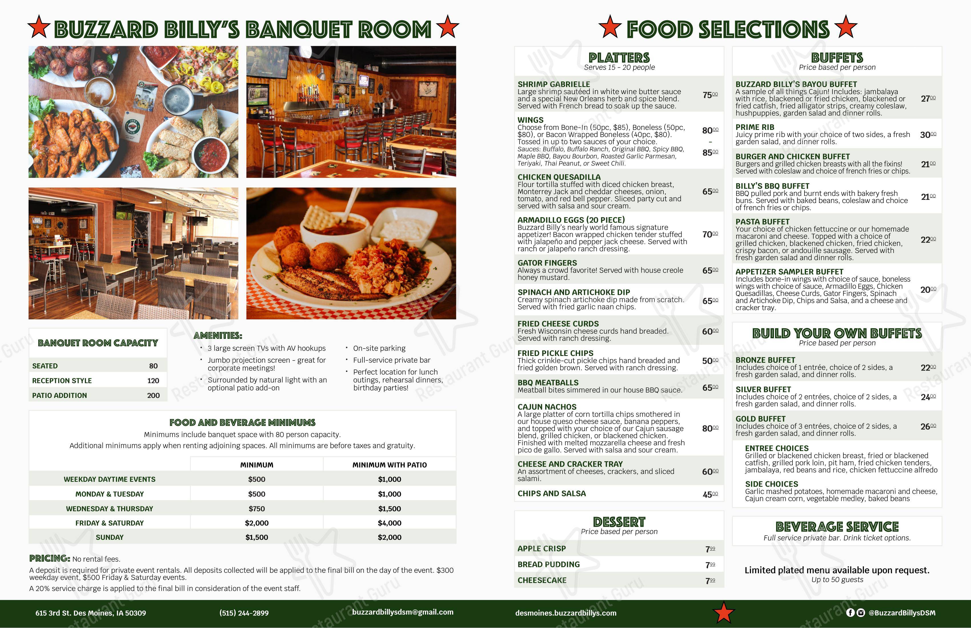 Menu at Buzzard Billy’s restaurant, Des Moines, 615 3rd St