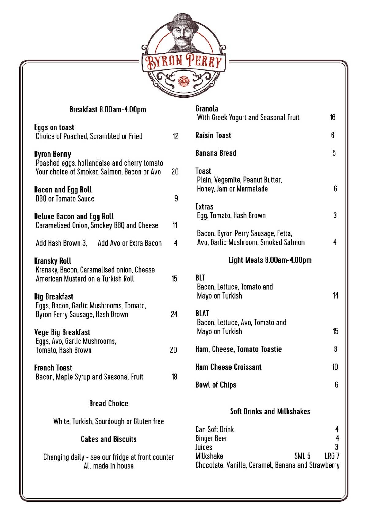 Menu at Byron Perry Cafe, Mudgee