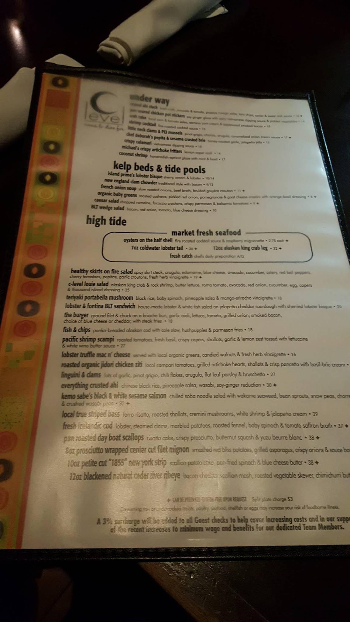 Menu at C Level Lounge steakhouse, San Diego, 880 Harbor Island Dr