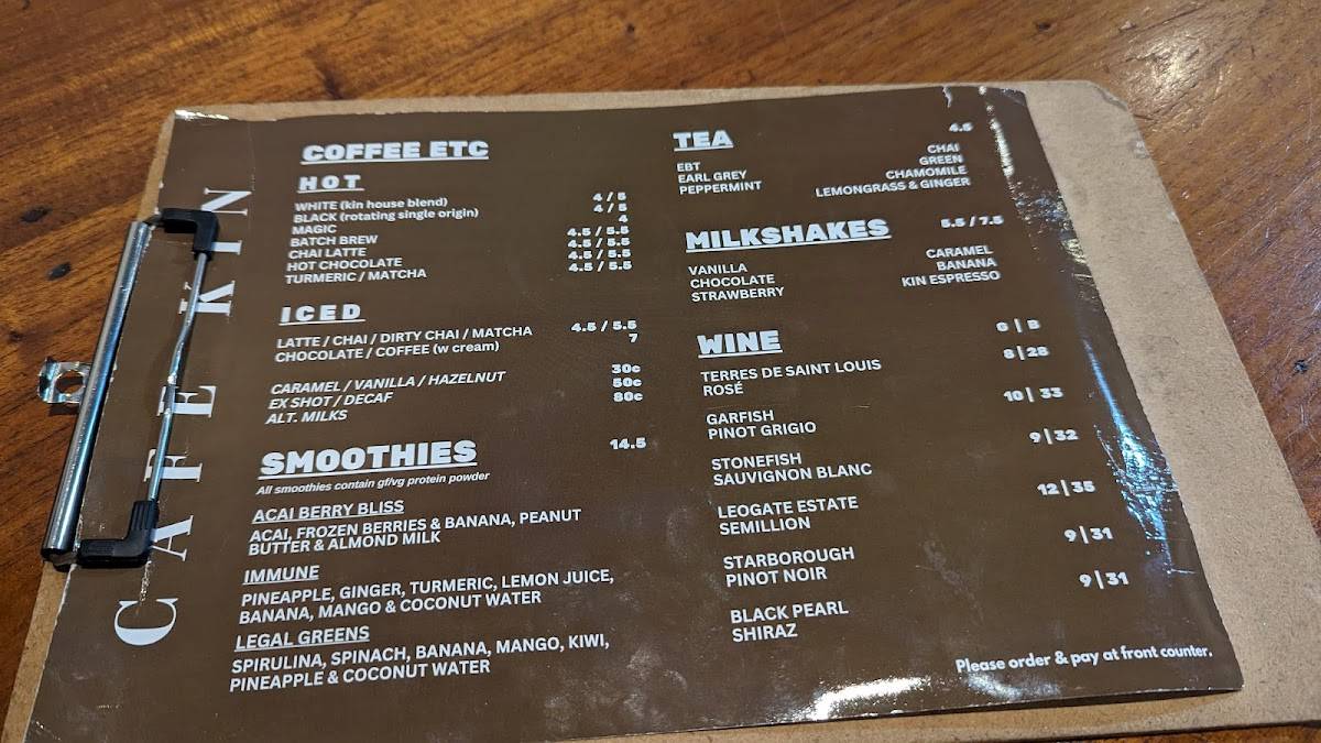Menu at CAFE KIN, Nelson Bay