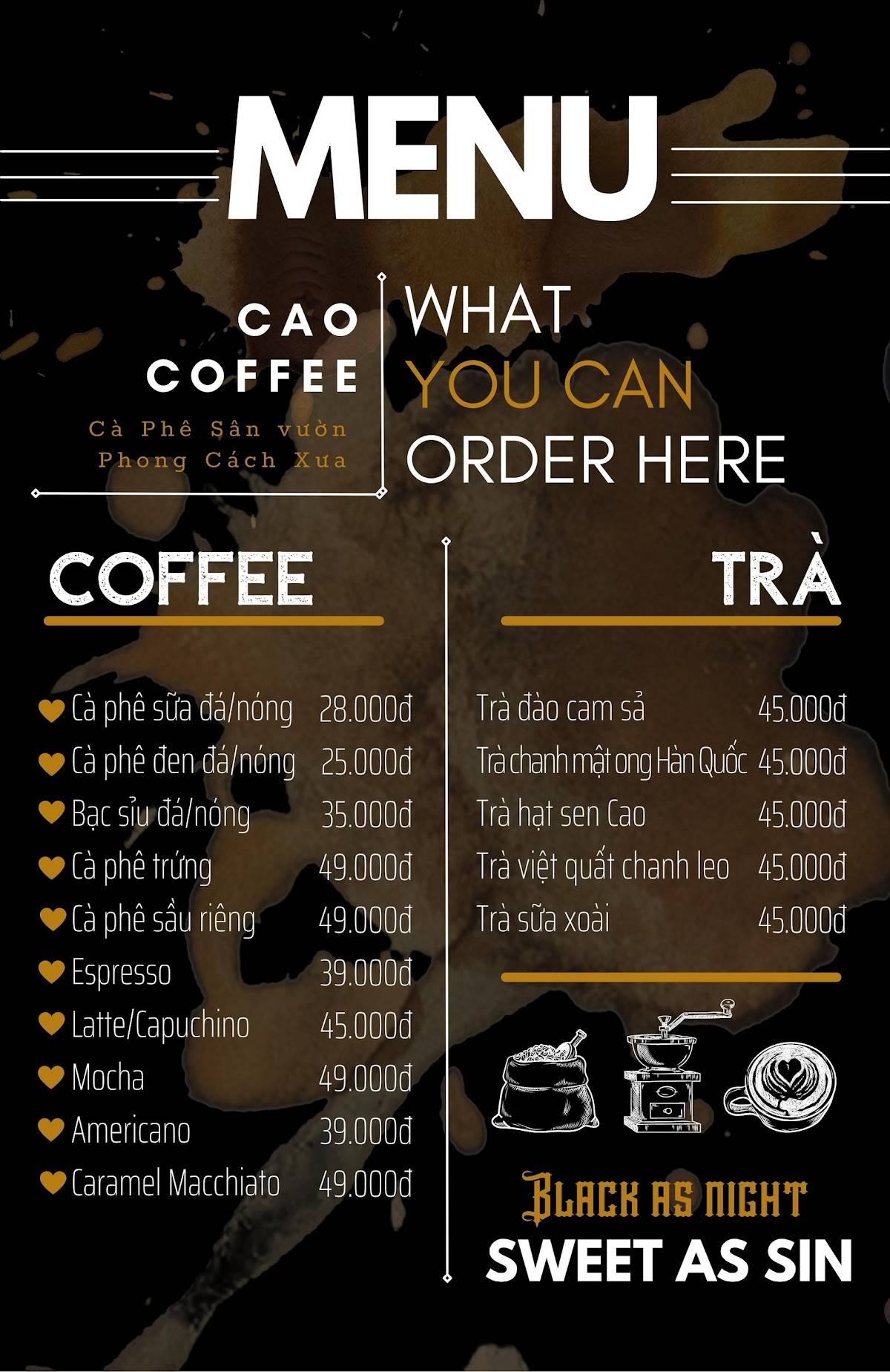 Menu at CAO Coffee Cafe Sân Vườn Phong Cách Xưa, Ho Chi Minh City