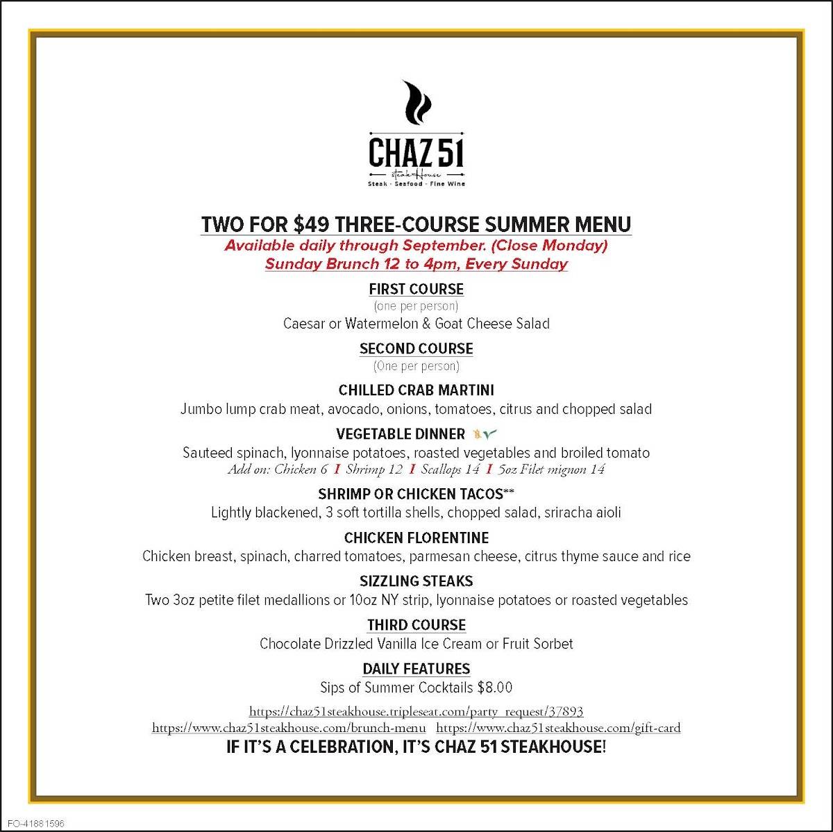 Menu at CHAZ 51 STEAKHOUSE, Venice, 549 US 41 Bypass North
