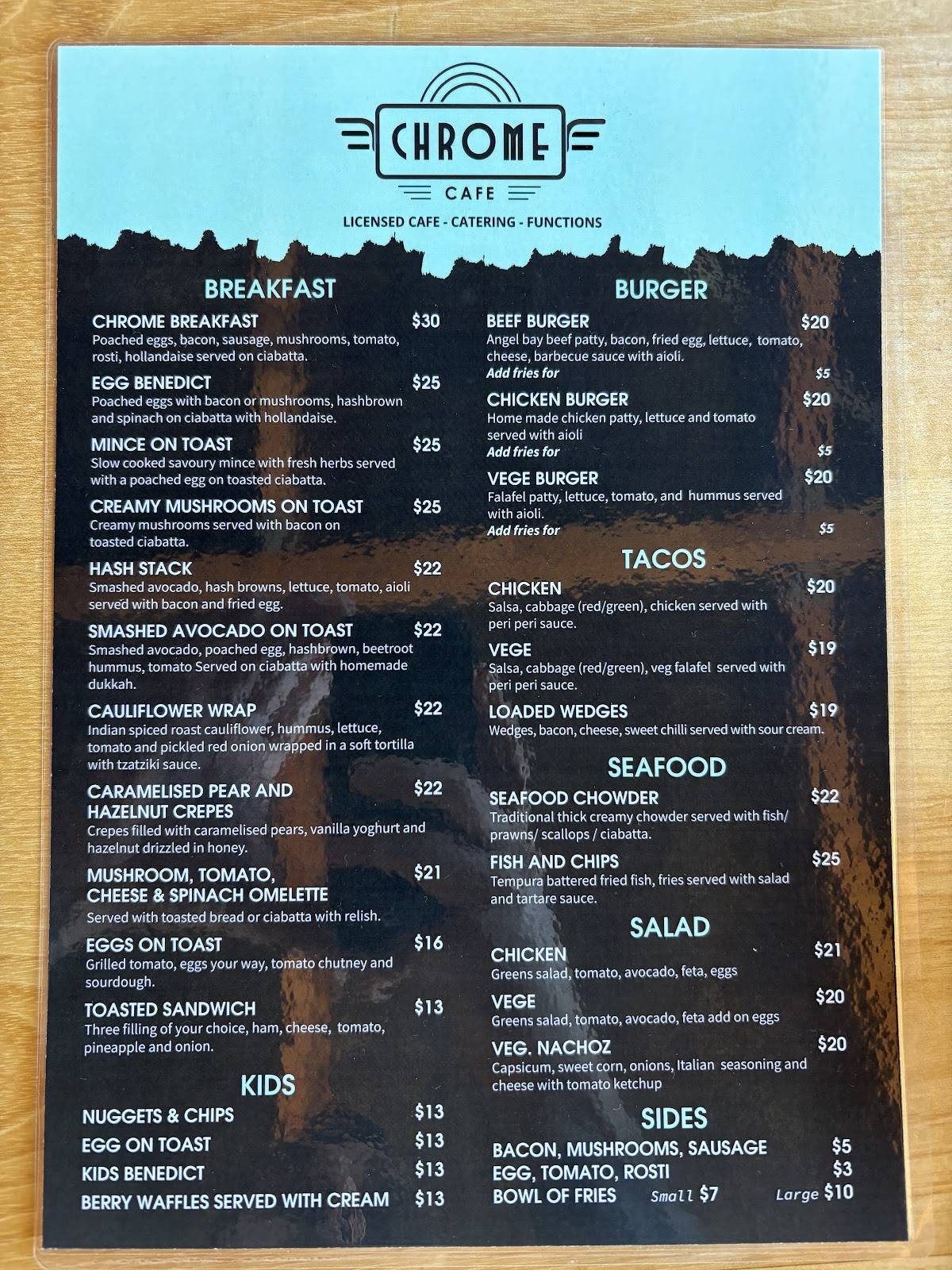Menu at CHROME Cafe, Katikati