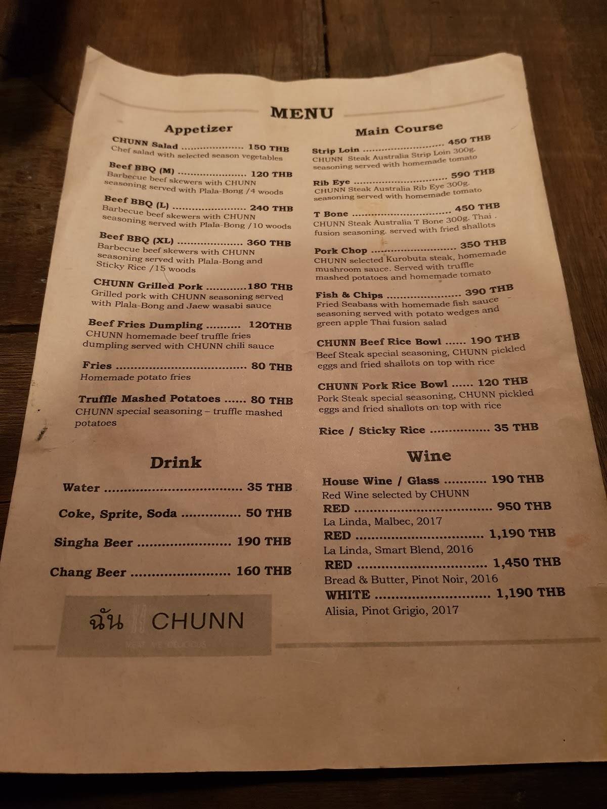 Menu at CHUNN restaurant, Bangkok, 25 Sukhumvit 61