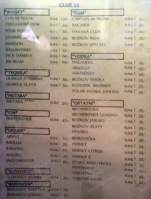 Menu at CLUB 55, Prague, Zenklova