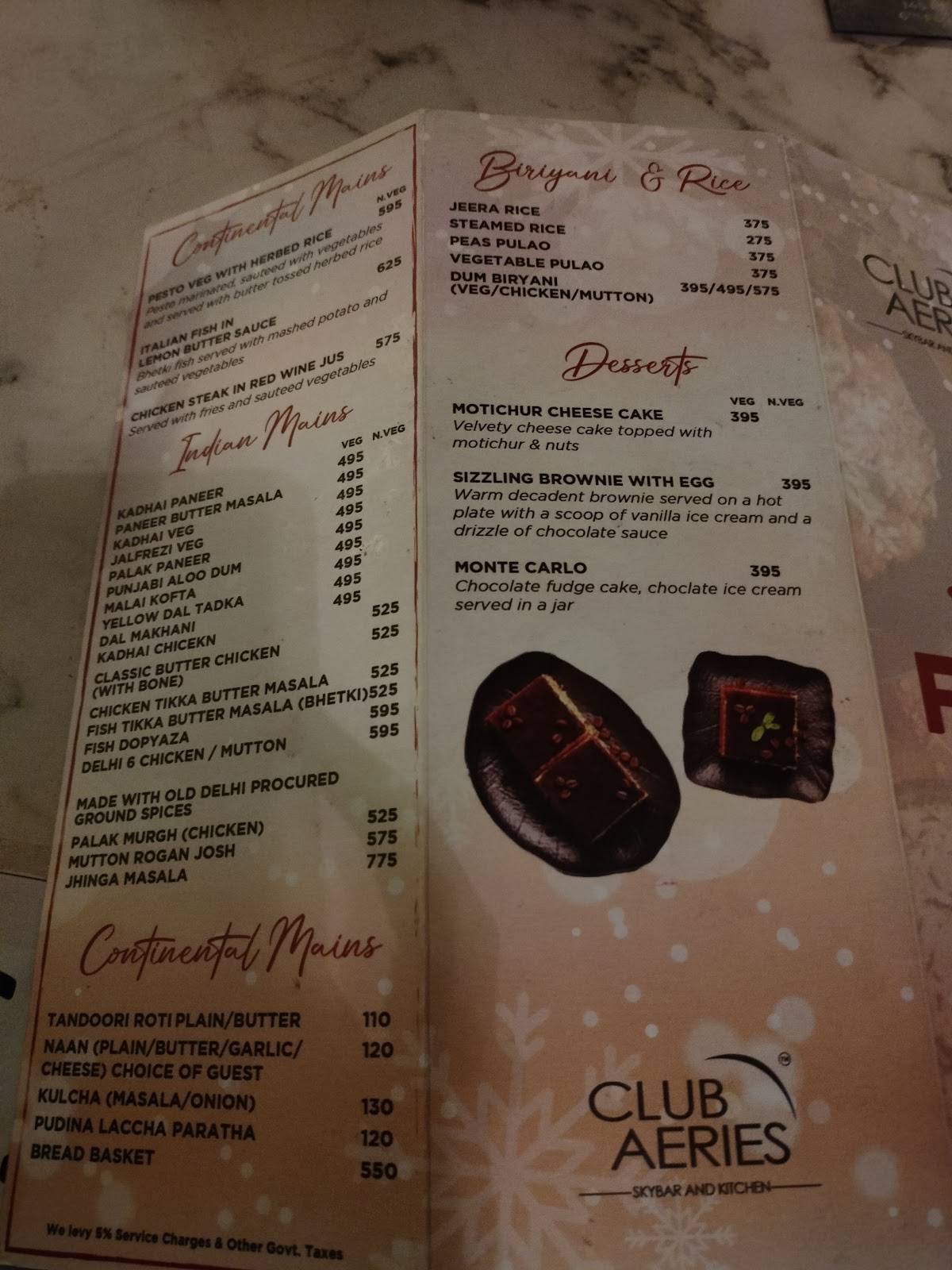 Menu at CLUB AERIES - SKYBAR & KITCHEN, Kolkata, Spencer's 6thFloor terrace
