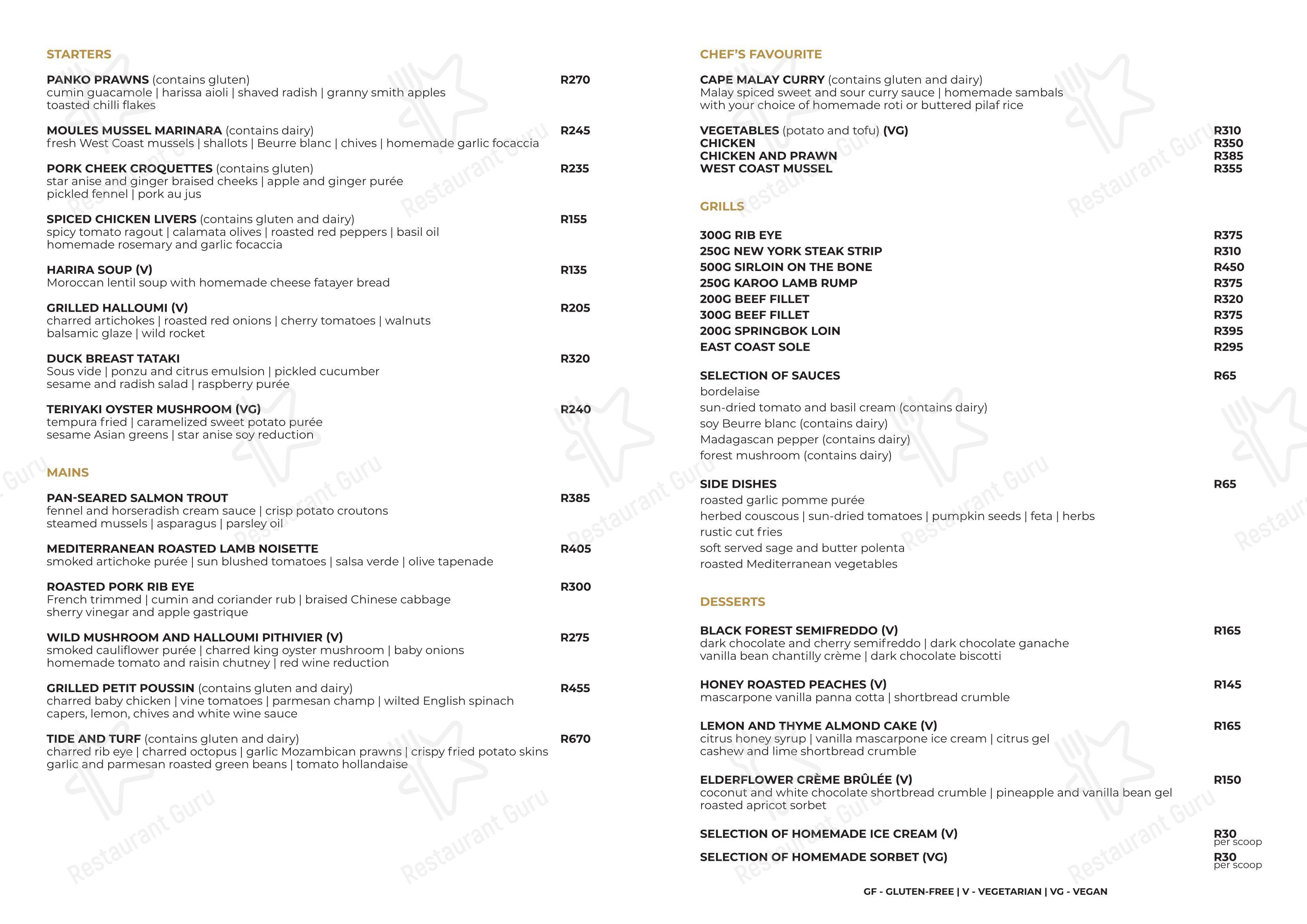 Menu at COPA Restaurant, Cape Town