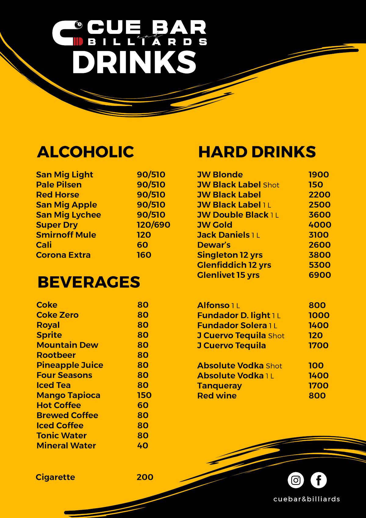 Carta de CUE BAR & BILLIARDS, Ciudad Quezon