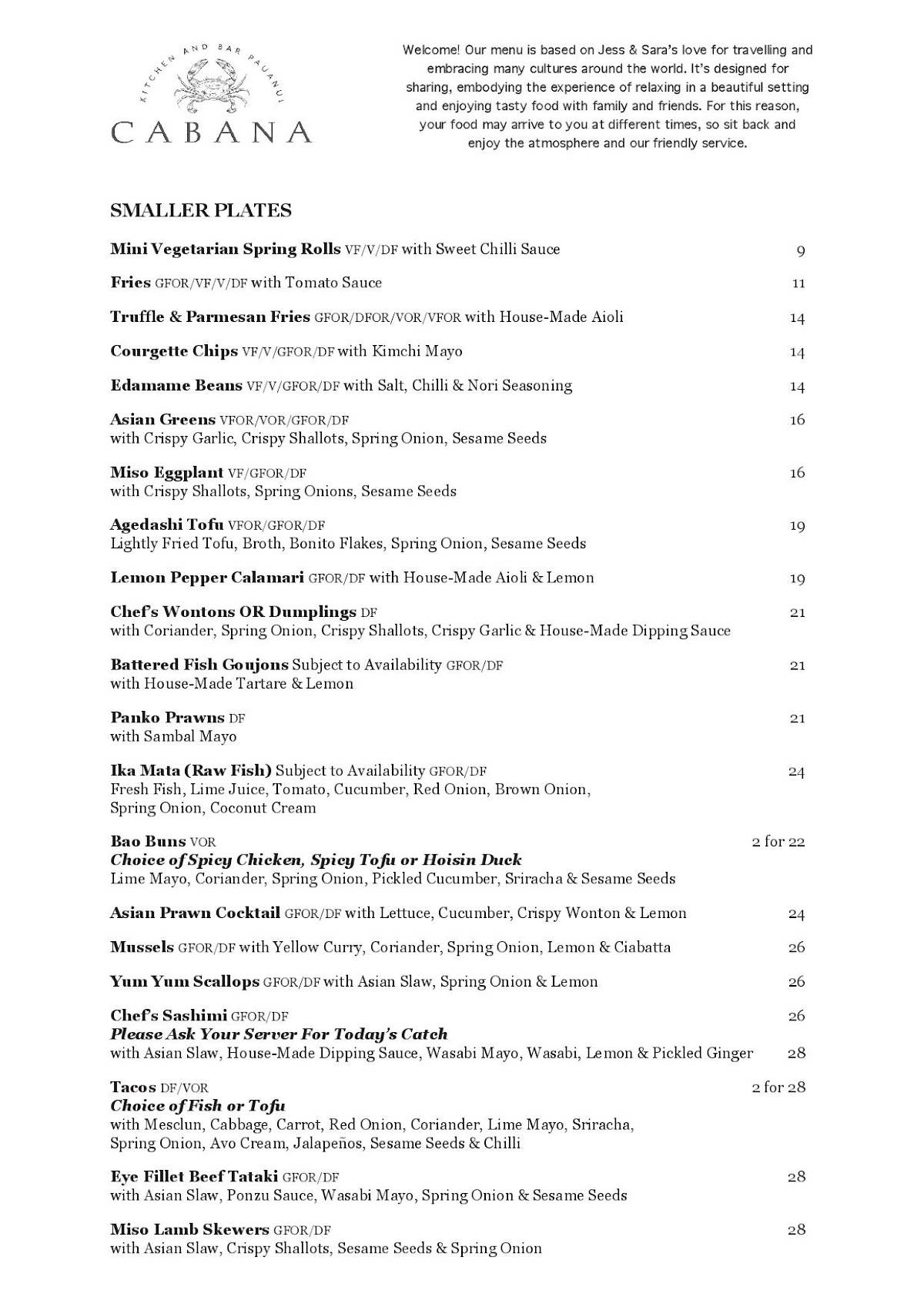 Menu at Cabana Kitchen and Bar, Pauanui