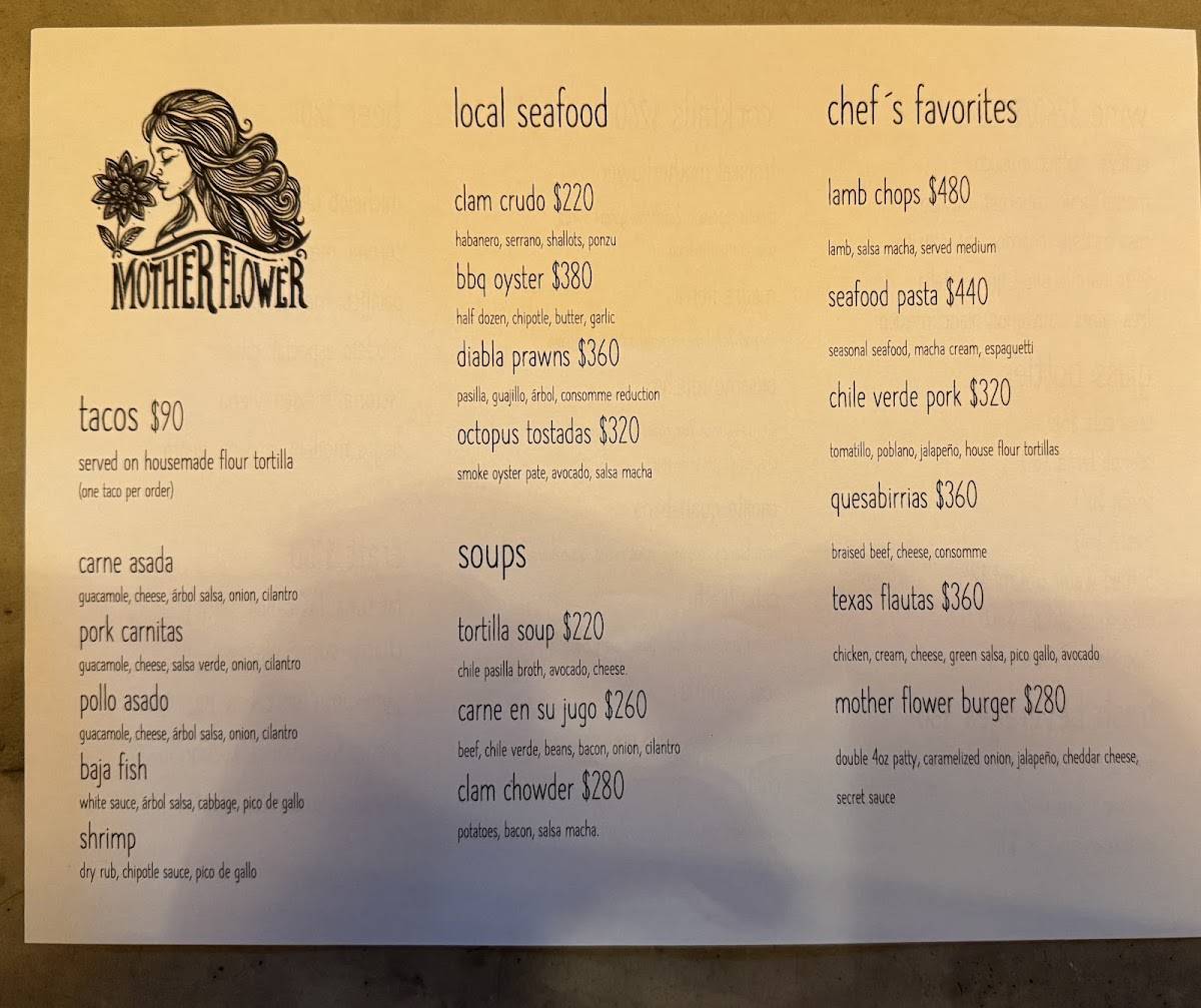 Menu at Mother Flower restaurant, Cabo San Lucas