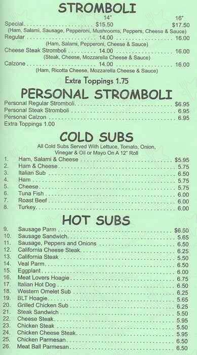 Menu at Cabreras pizzeria, Lansford