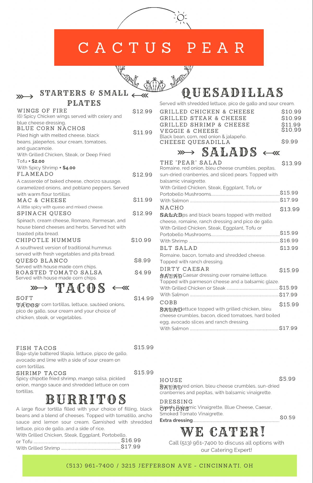 Menu at Cactus Pear restaurant, Cincinnati, Jefferson Ave