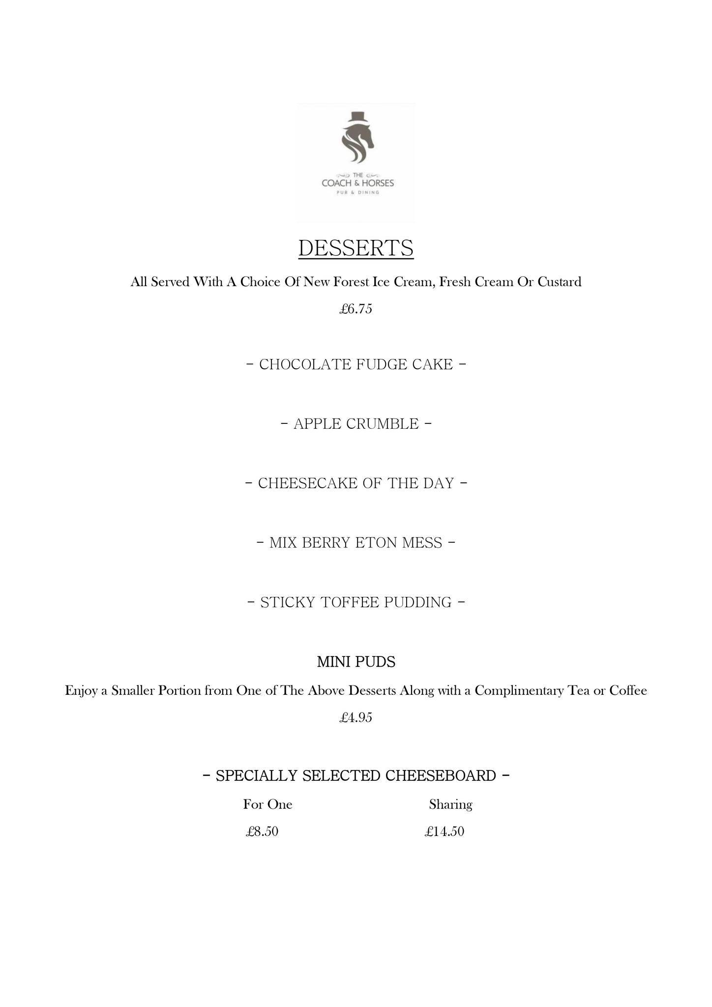 Menu at The Coach and Horses pub & bar, Copythorne