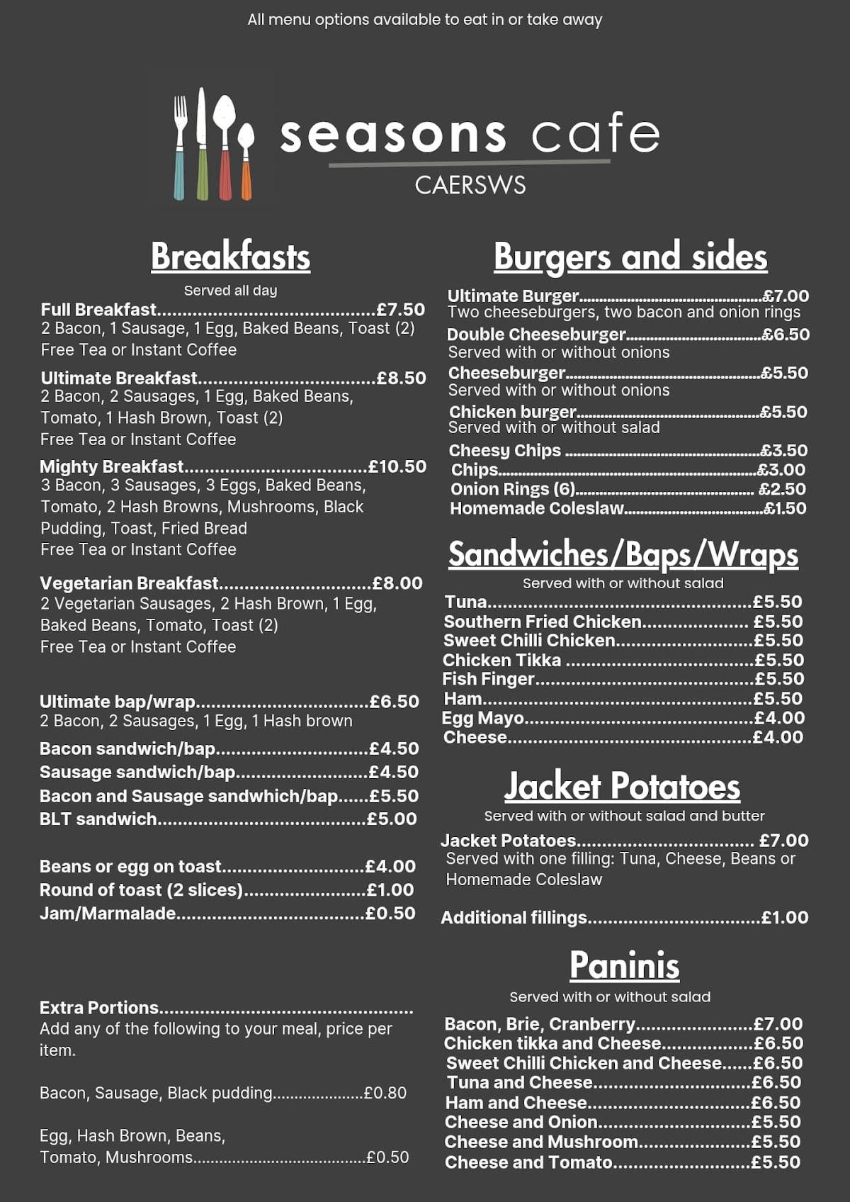 Menu at Seasons Cafe, Caersws