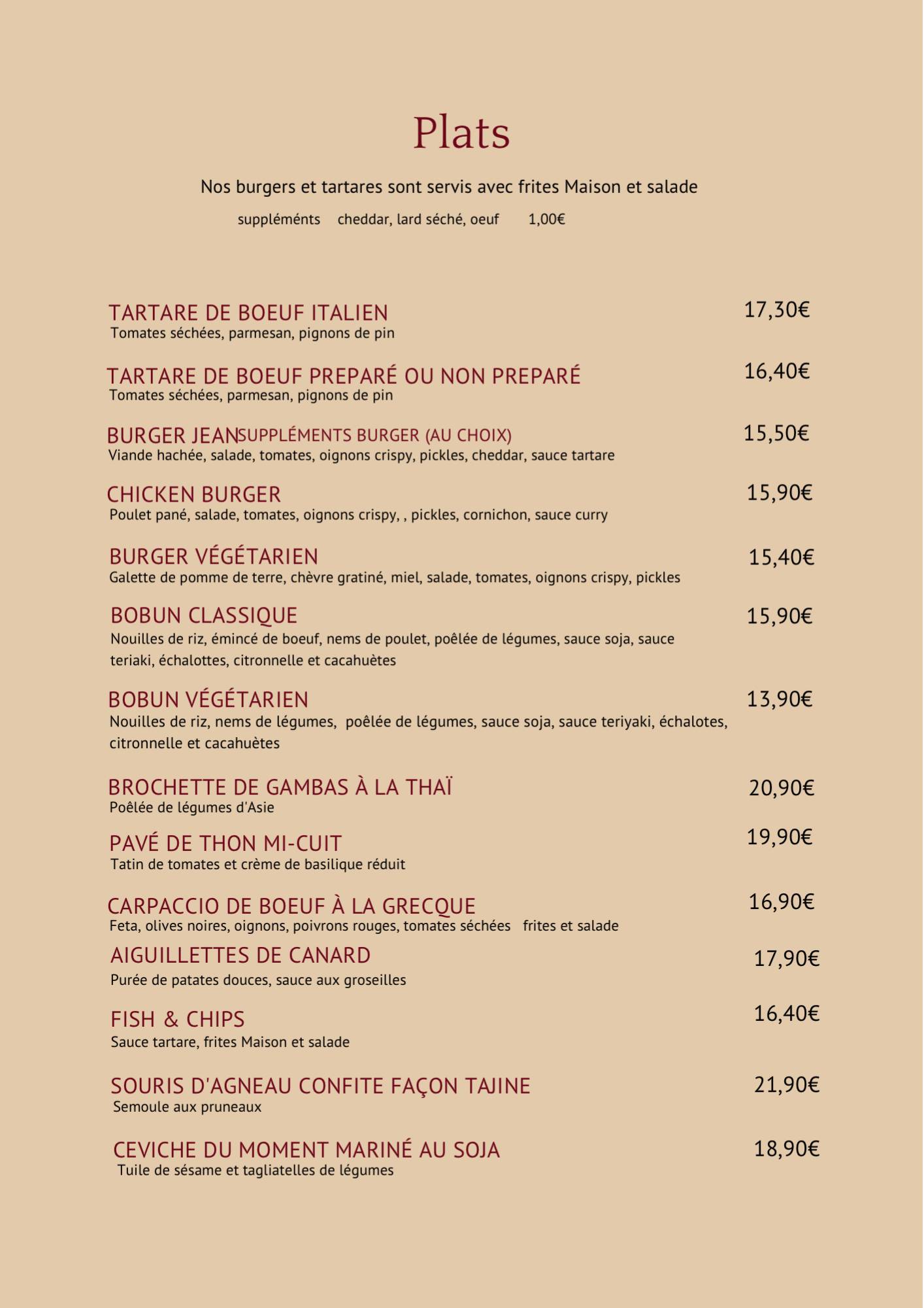 Menu at Café Jean, Paris, 181 Av. Jean Jaurès
