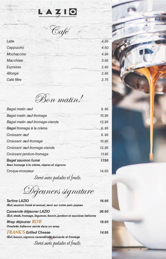 Menu au Café Lazio, La Prairie