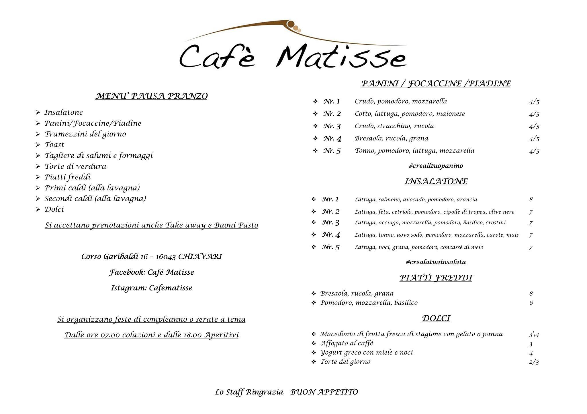 Menu da Cafè Matisse pub & bar, Chiavari