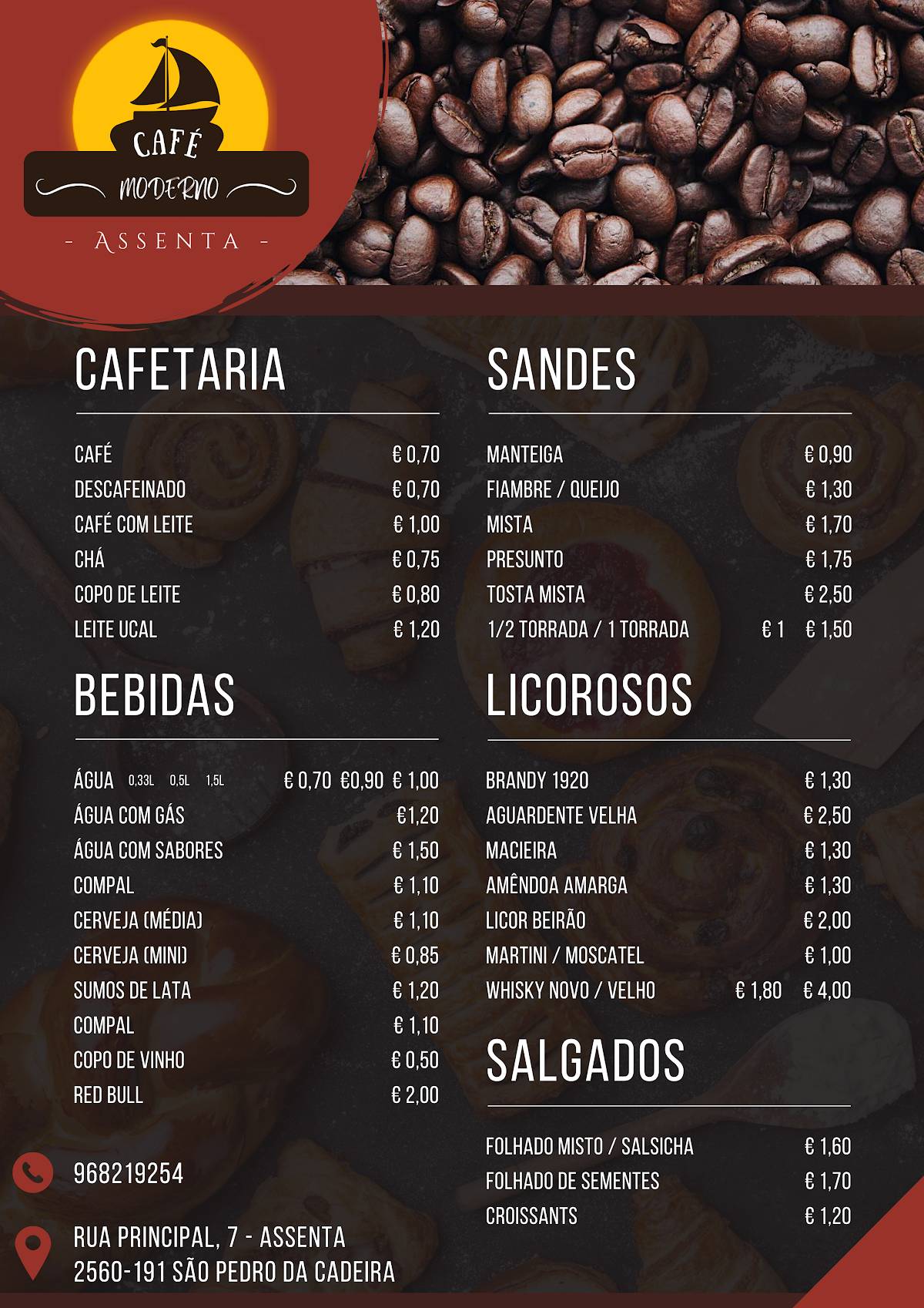 Menu at Café Moderno, São Pedro da Cadeira