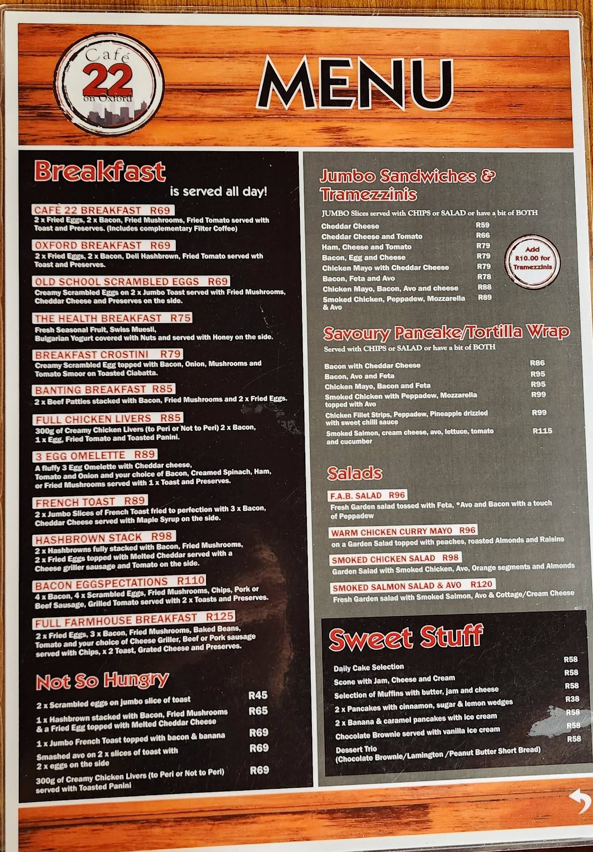 Menu at Cafe 22 on Oxford, Cape Town