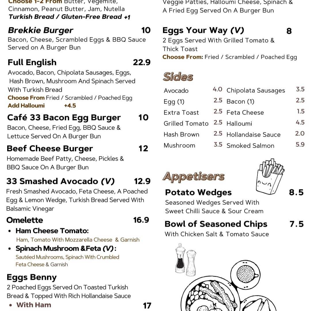 Menu at Cafe 33 Brisbane, Brisbane City