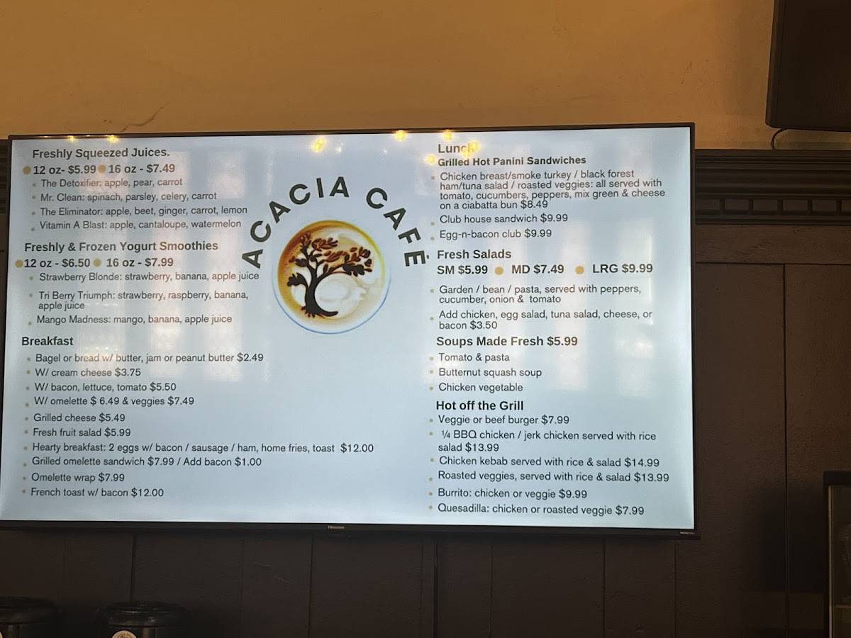 Menu at Acacia Café UofT (formerly known as The Innis Cafe), Toronto