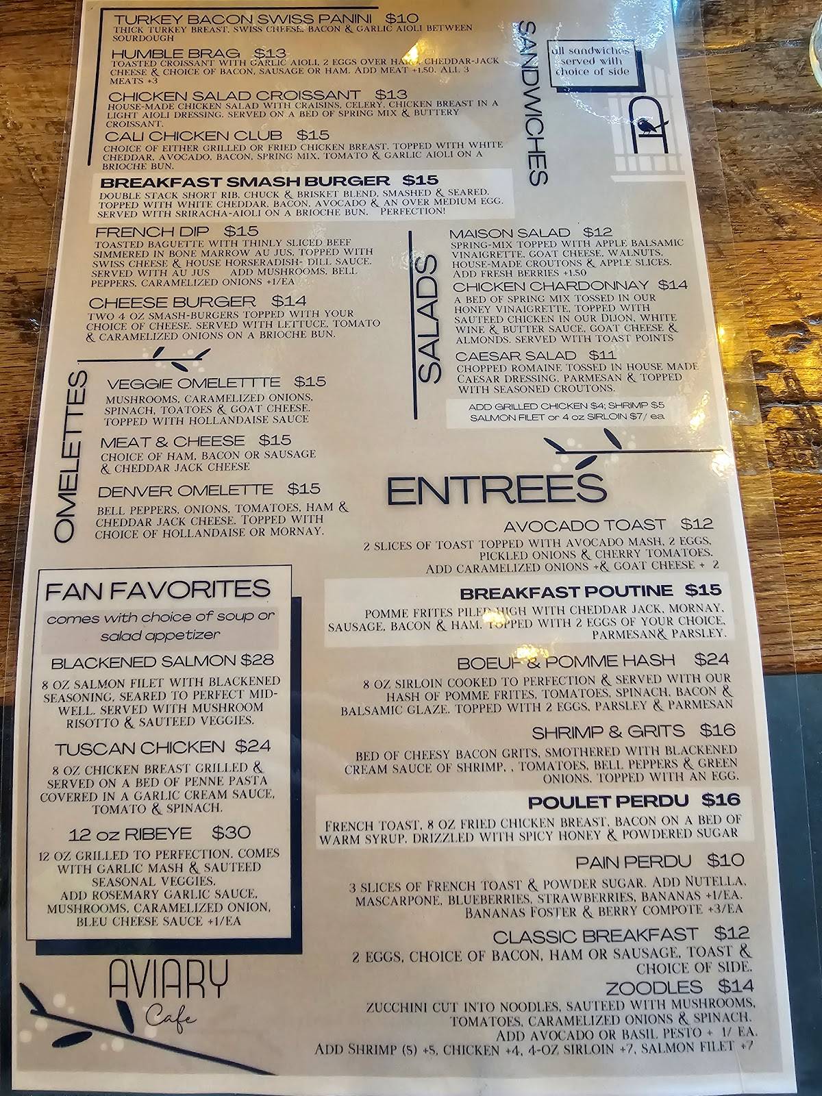 Menu at Aviary by Lavender Falls Cafe, Springfield, E Republic Rd