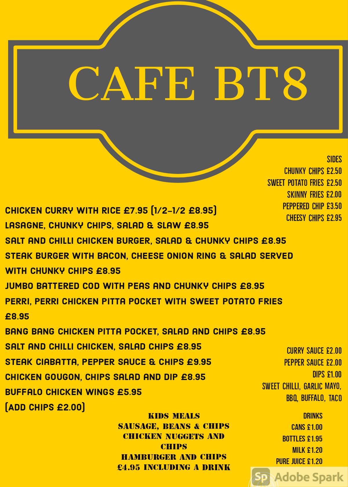 Menu at Cafe BT8, Belfast