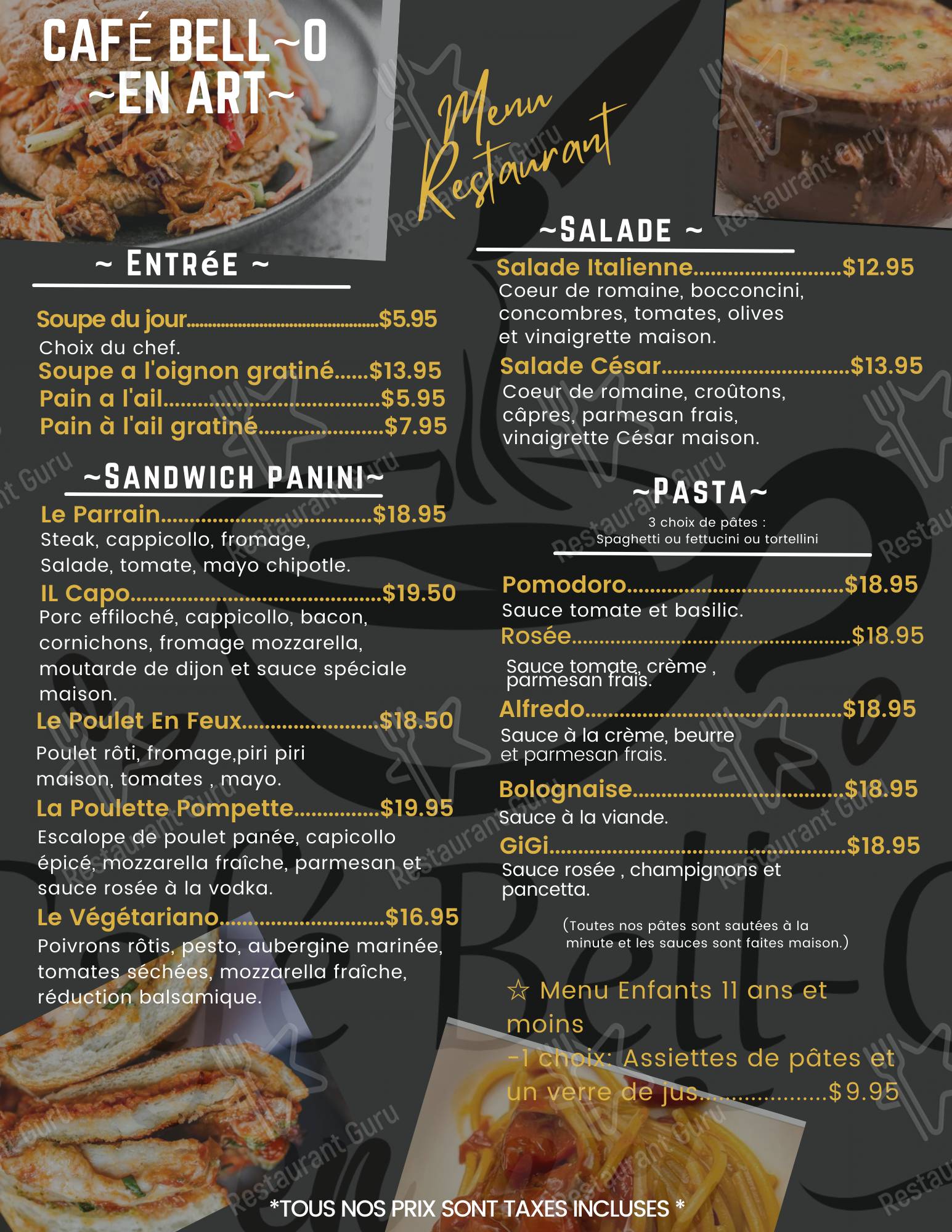Menu au Café Bell-o en Art, Montebello