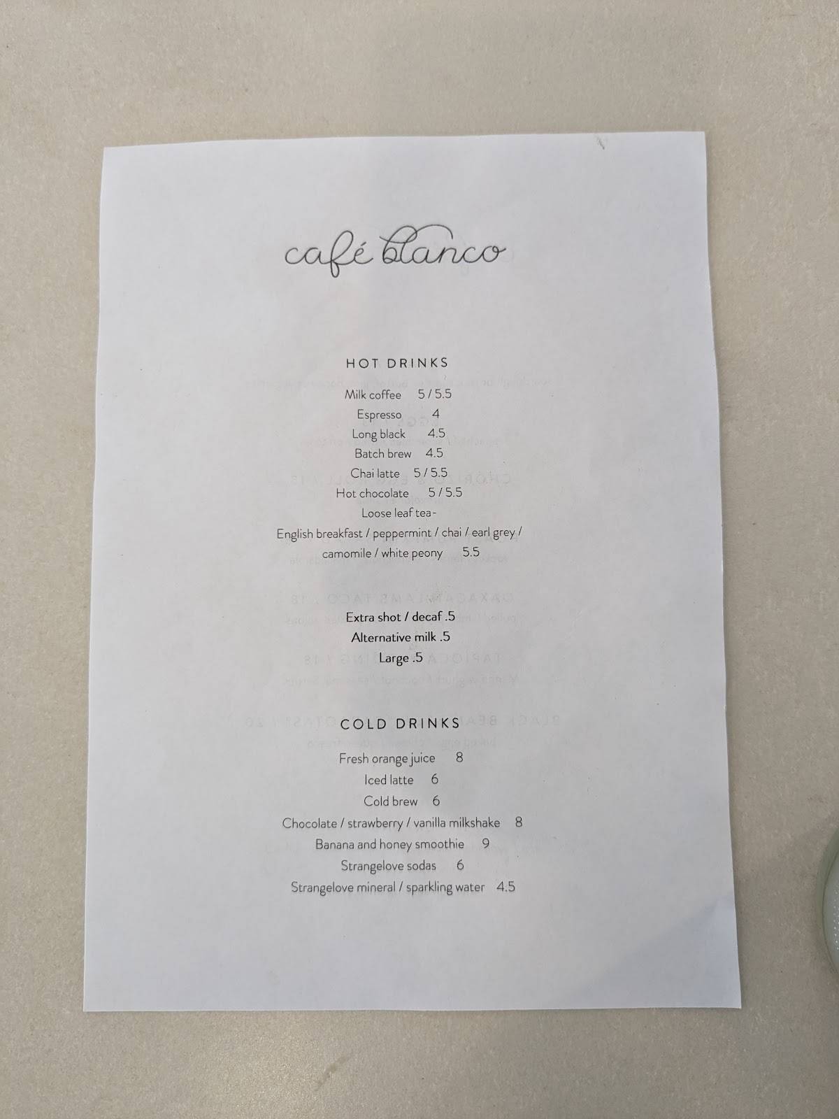 Menu at Café Blanco restaurant, Kambah