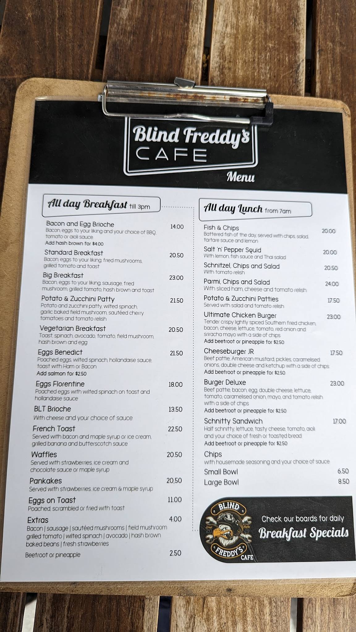 Menu at Blind Freddy's Cafe, Wodonga