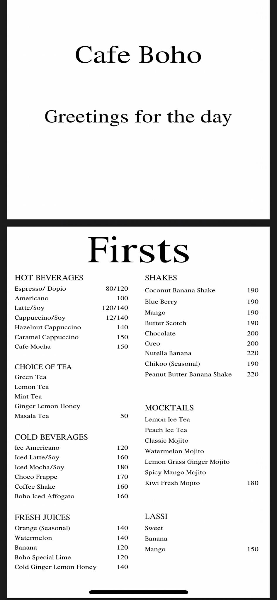 Menu at Cafe Boho, Udaipur